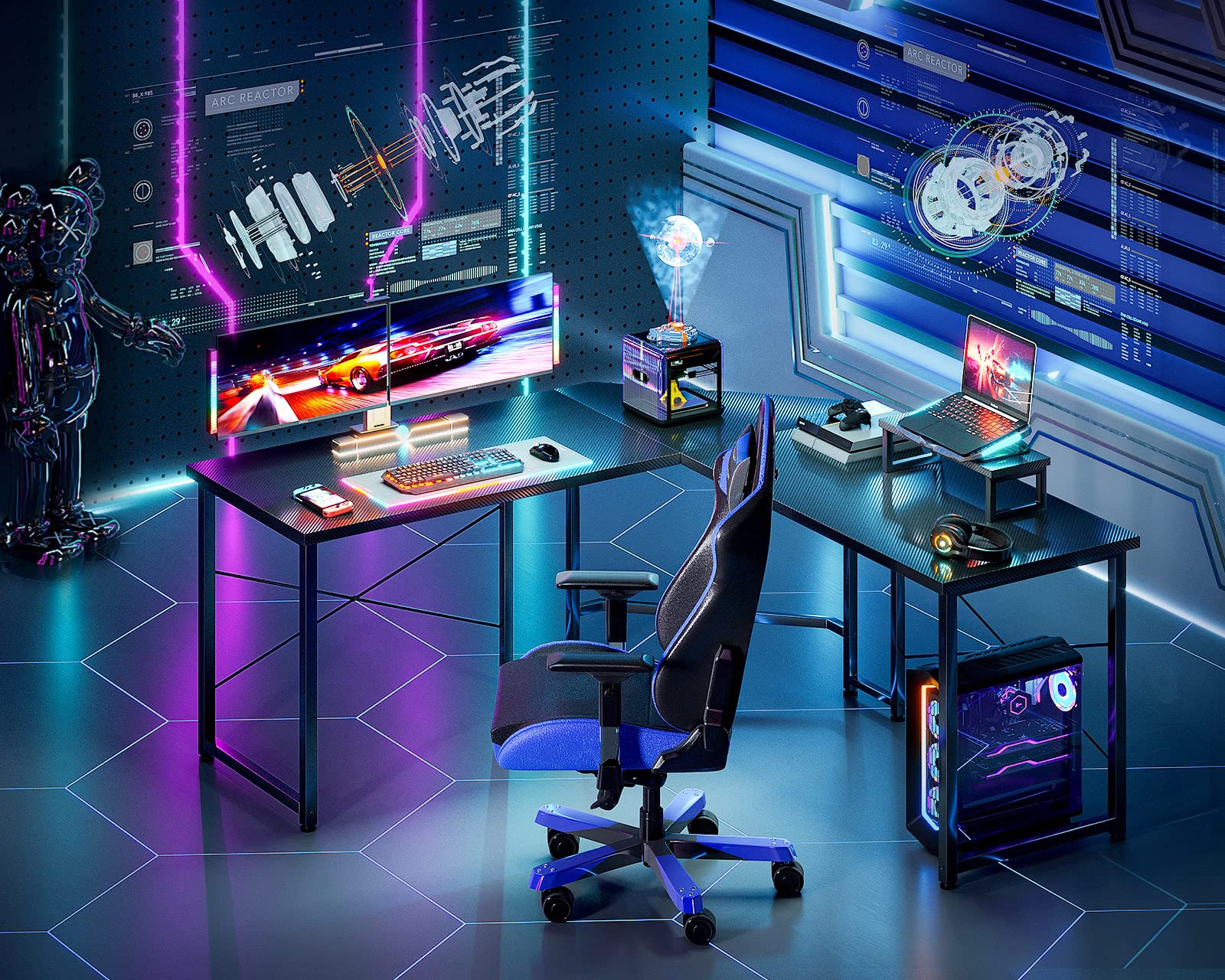 ODK L Shaped Gaming Desk with 4 Drawer Storage Cabinet Dresser, Black Carbon Fiber Computer Desk and Black Dresser