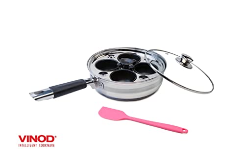 Vinod Non Stick Egg Poacher Pan β Skillet, Glass Lid, Removable Cup Tray - 4 Large Cups - Stainless Steel Poached Egg Cooker β Food Grade Egg Poaching β Heat Friendly Handle - Free Silicon Spatula