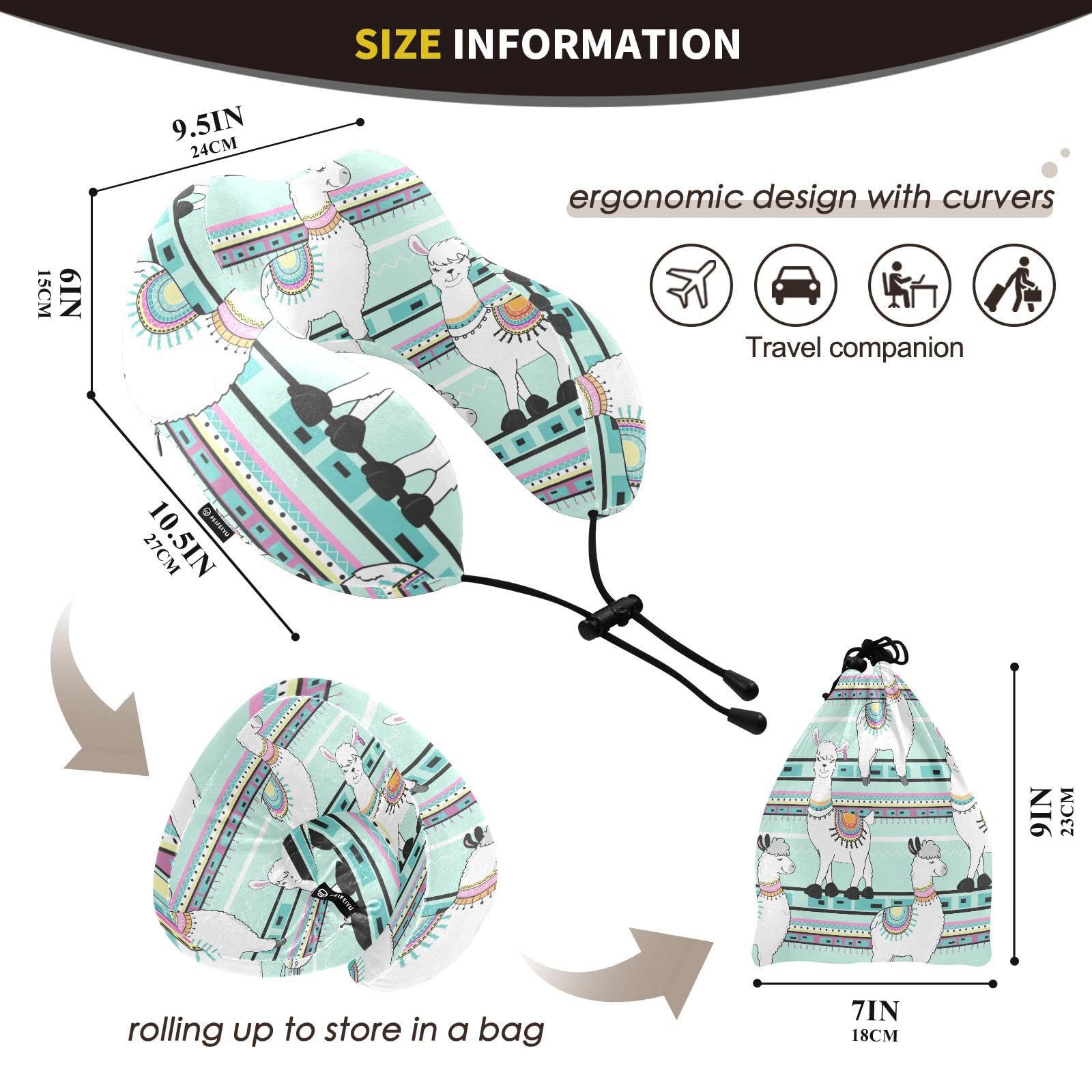 RunningBear Llama Travel Pillow Neck Pillows for Sleeping Airplane Pillow Soft Neck Support Pillow Memory Foam with Storage Bag for Flight Headrest Sleep