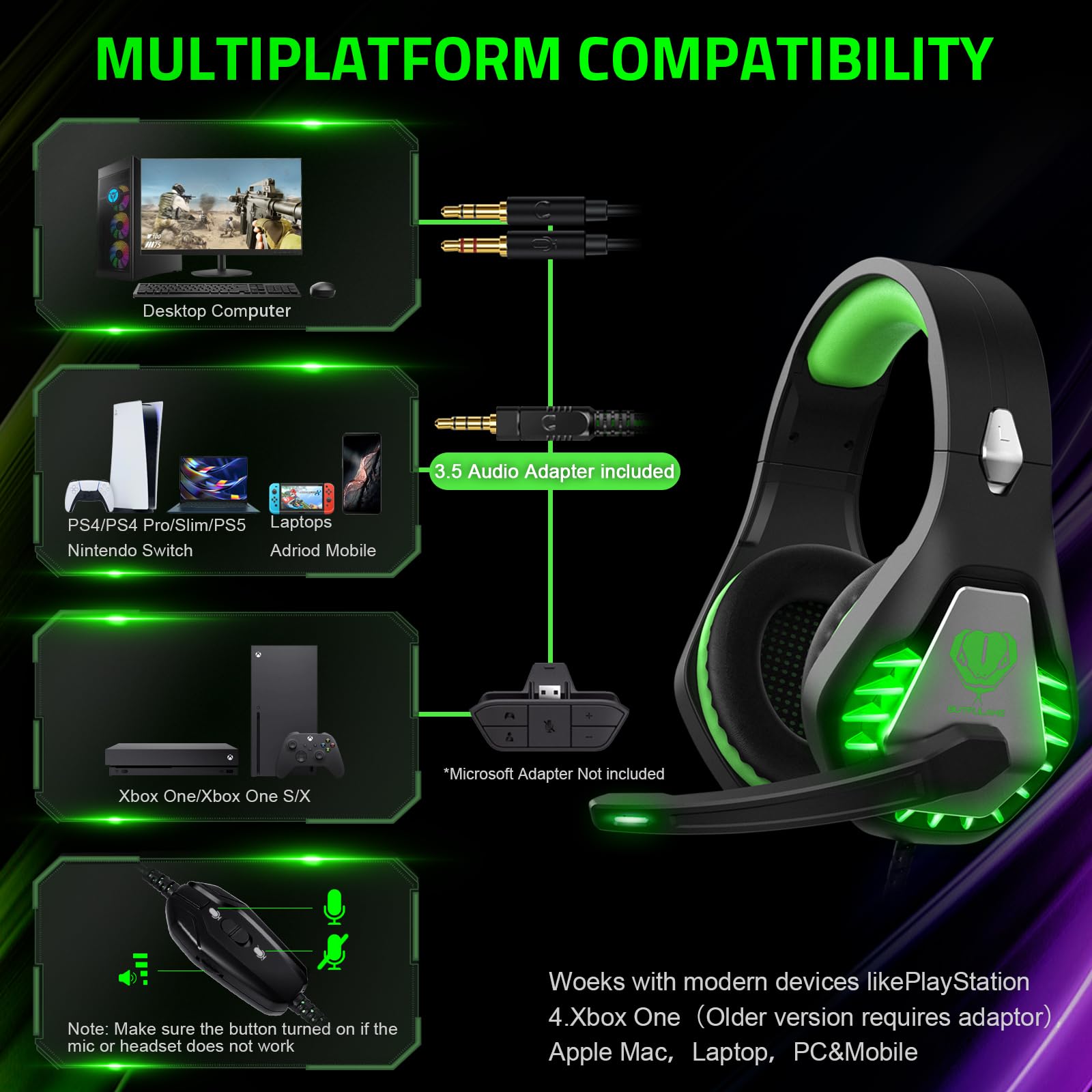 Pacrate Gaming Headset with Microphone for PC PS4 PS5 Headset Noise Cancelling Gaming Headphones for Laptop Mac Switch Xbox One Headset with LED Lights Deep Bass for Kids Adults Luxury Black