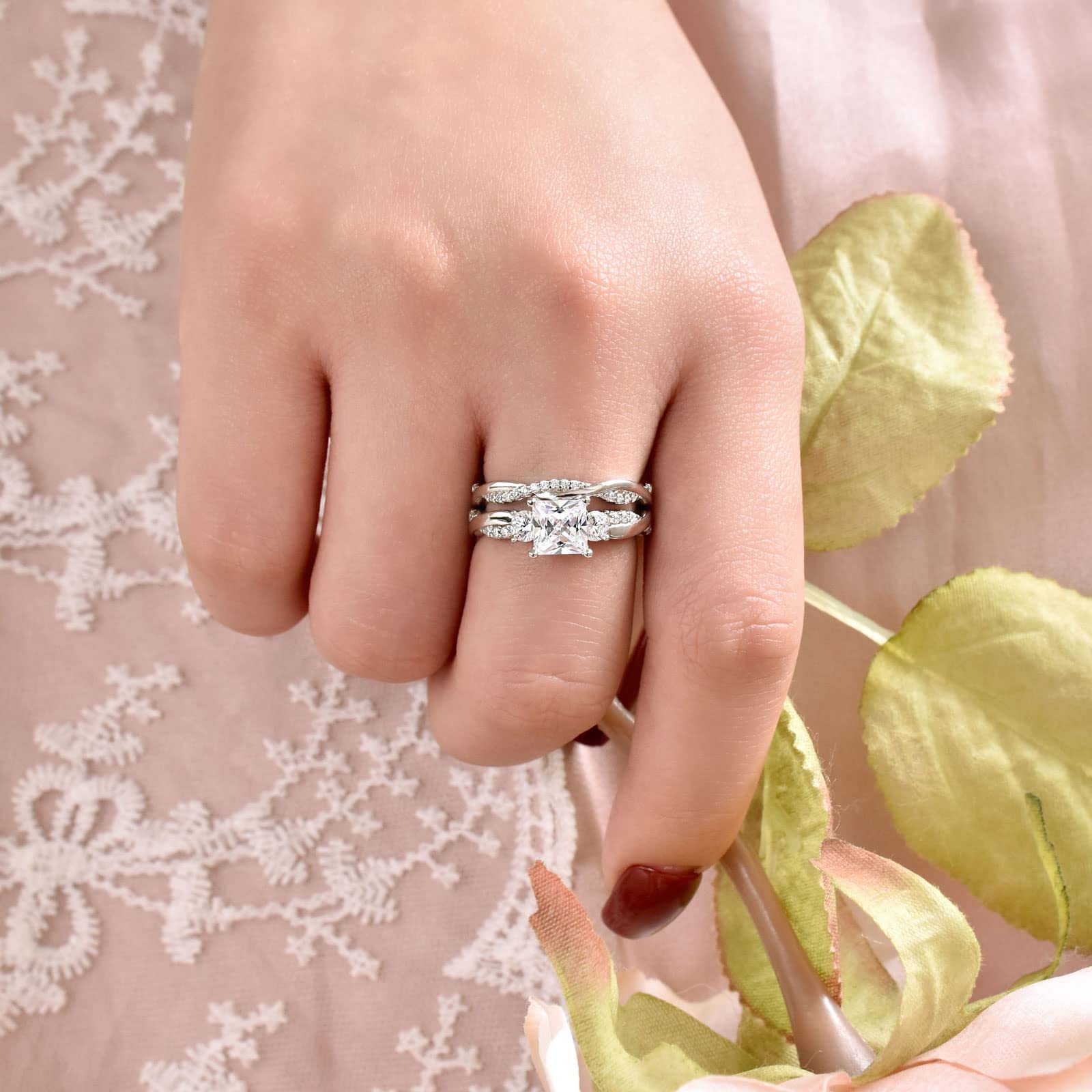 Wuziwen 1 Carat Wedding Infinity Band Bridal Ring Sets Princess AAAAA CZ Sterling Silver Size 6