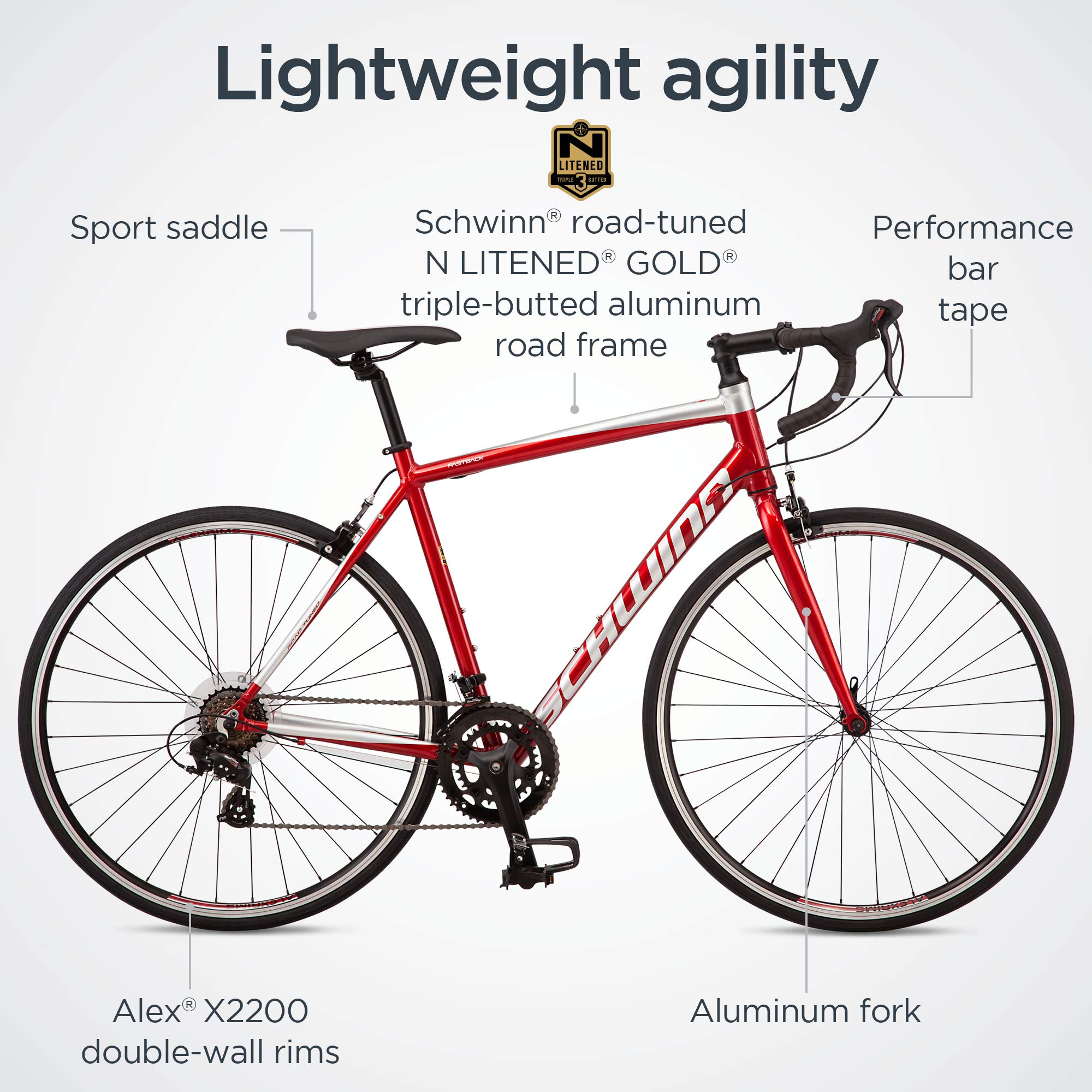Schwinn Fastback Tourney AL Adult Performance Road Bike, Beginner to Intermediate Bicycle Riders, 700c Wheels, 14-Speed Drivetrain, Small Aluminum Frame, Red