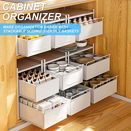 Stackable Sliding Utensils Basket Organization and Storage, Pull-able Under Cabinet Storage, Large Under Sink Organizer Drawer with Shelves for Dishes, Bowls, Seasoning Canisters and Cups(23.5''L)