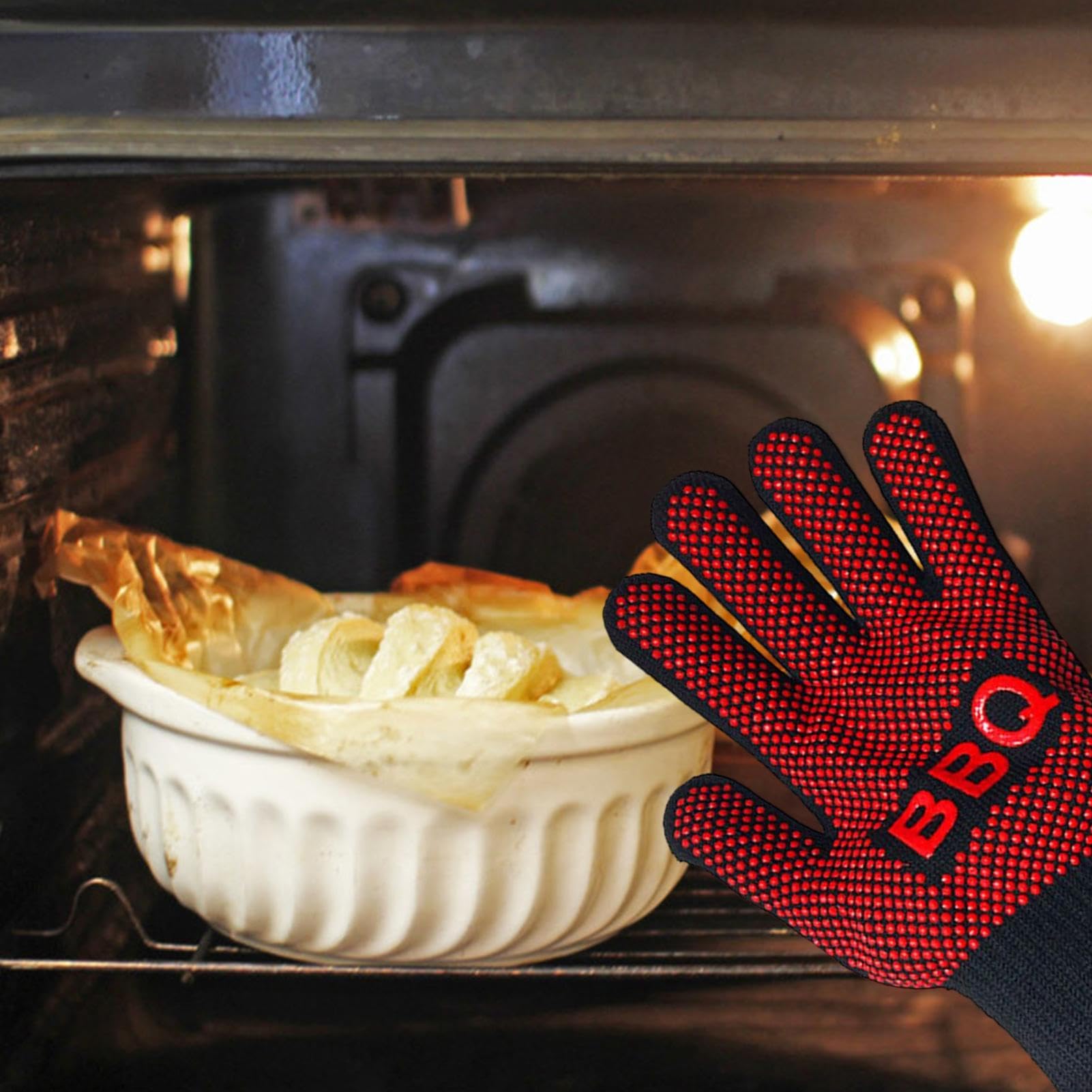 Oven Gloves, 3 Layers Heat-Resistant BBQ Gloves, Washable Kitchen Pot Glove, Non-Slip Oven Mitts Set, Long Cuffs Kitchen Grill Gloves for Homes, Barbecue, Grilling, Cooking, Baking and Camping