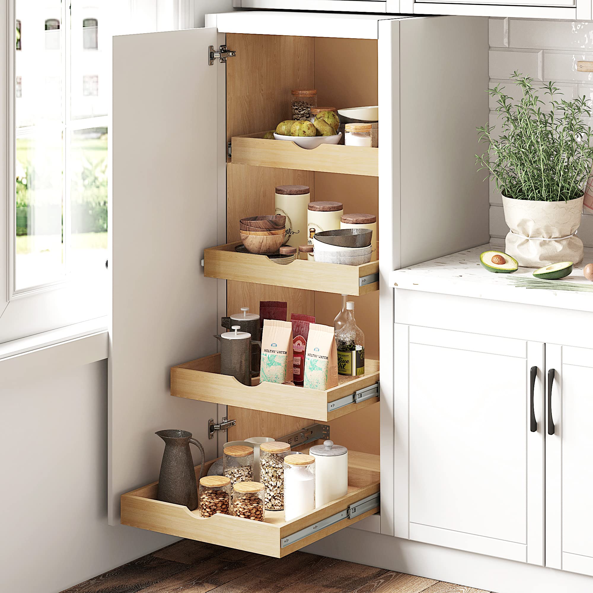 WelFurGeer Pull Out Drawers for Kitchen Cabinets, Kitchen Organization and Storage, Pull Out Cabinet Organizer, Pull Out Cabinet Shelf, Wood Rack for Kitchen, Bathroom (14" Wide)