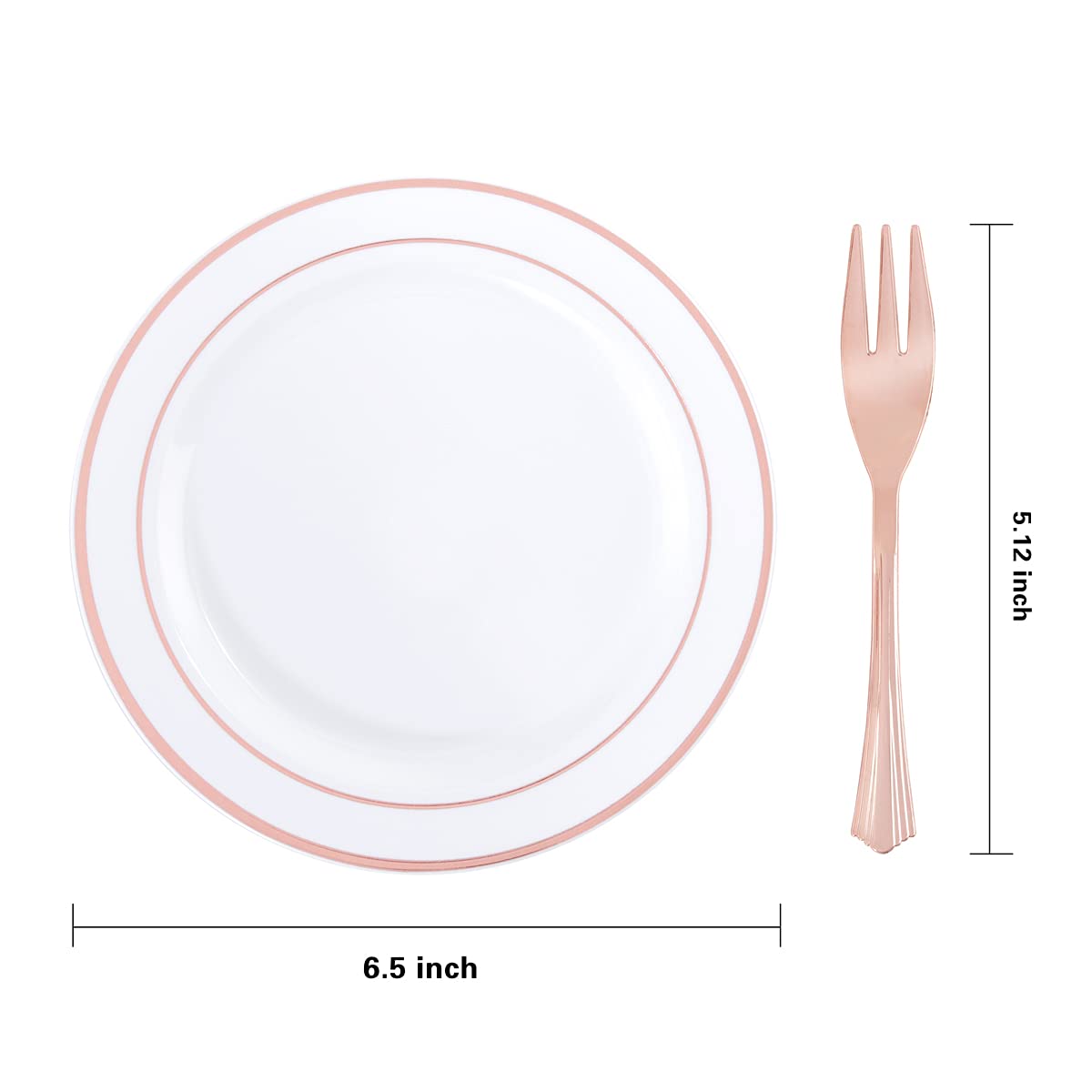 WELLIFE 240 Pieces Rose Gold Plastic Dessert Plates with Disposable Forks, Includes 120 Pcs Appetizers Plates 6.5 inch, 120 Pcs Rose Gold Forks, Perfect for Parties and Weddings