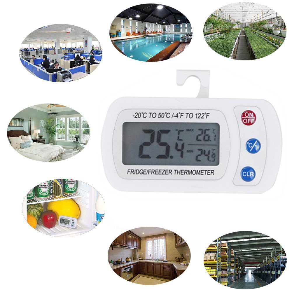 ZEZHOU Digital Refrigerator Thermometer 2Pack - IPX3 Waterproof Wireless Freezer Room Temperature Monitor with Hook, Large LCD Easy to Read Display & Max/Min Record Function for Indoor/Outdoor