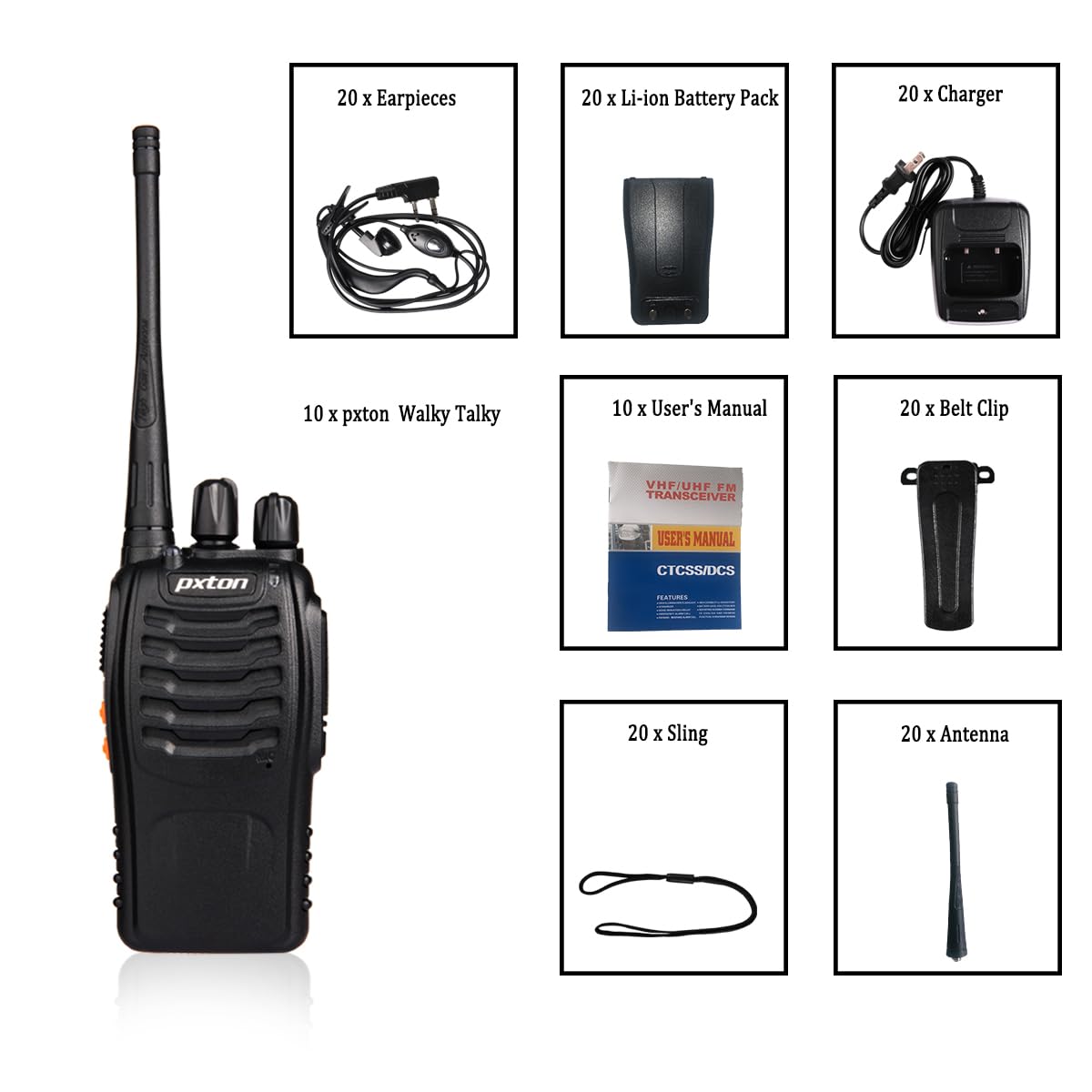 pxton 20 Pack walkie talkies Long Range with Headphone,walkie talkies for Adults,Handheld Portable Two Way Radios walkie Talkie Rechargeable Include Li-ion Battery and Charger Dock