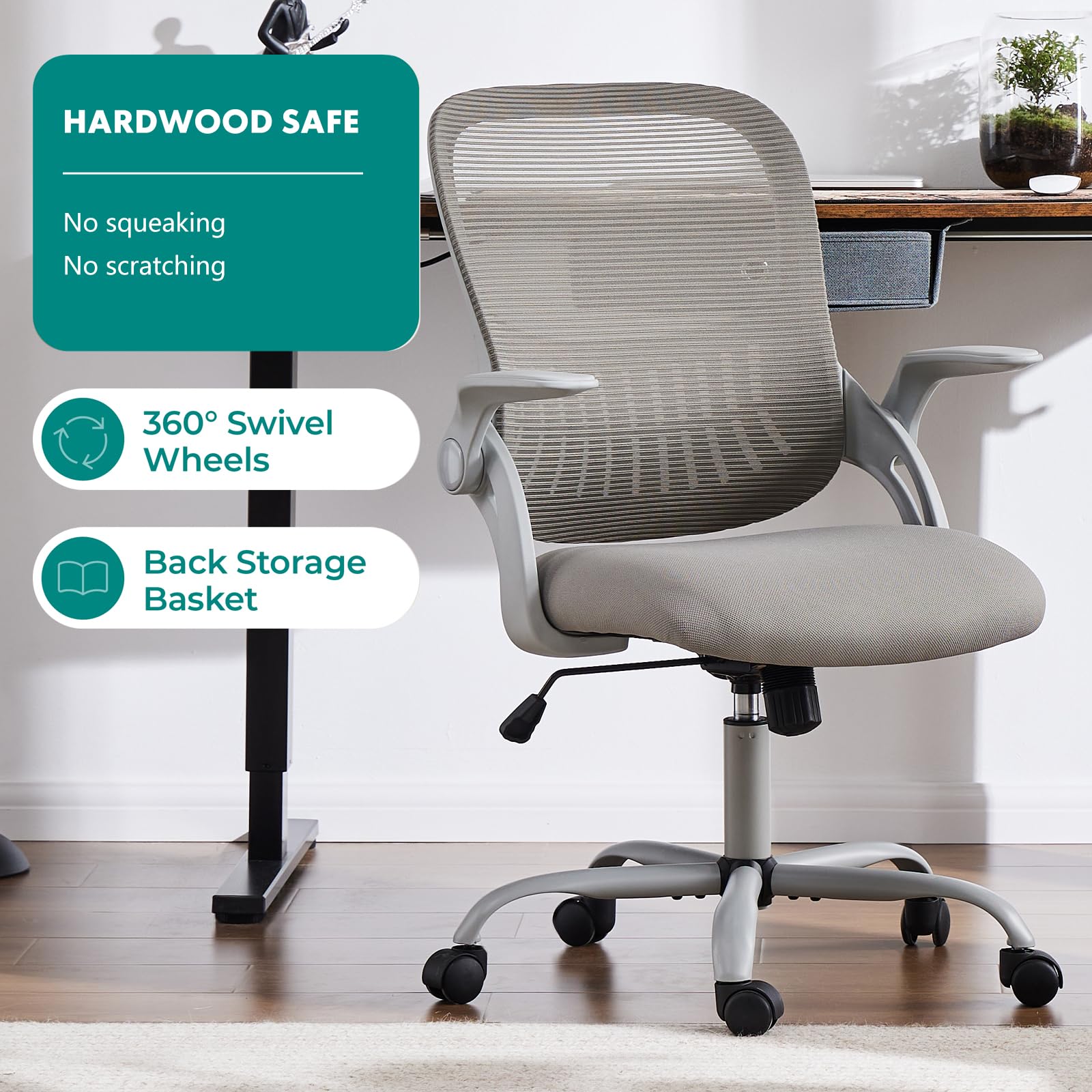 Office Chair, Ergonomic Desk Chair, Mid Back Mesh Computer Chair, Height Adjustable Rolling Swivel Task Chair with Flip-up Armrests and Lumbar Support