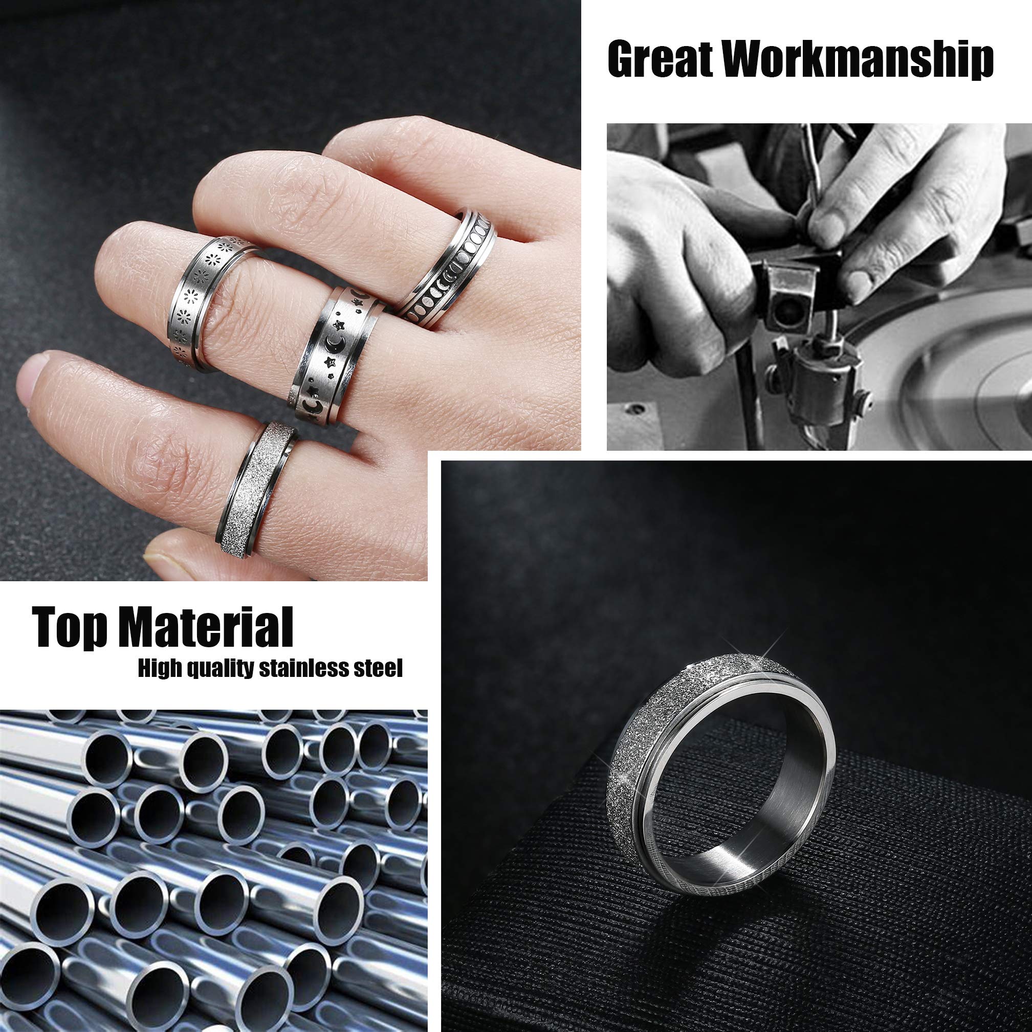 Subiceto 4 Pcs Spinner Rings for Women Stainless Steel Fidget Band Rings Set Moon Star Sand Blast Finish Womens Ring for Stress Relieving Wedding Promise Size 7