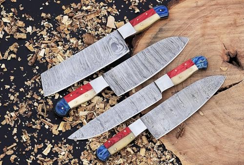 Vintage Blacksmith/Handmade Damascus Hunting Knife - fixed Blade Hunting Knife with Sheath Handmade Damascus Chef Knives Set of 4 pcs
