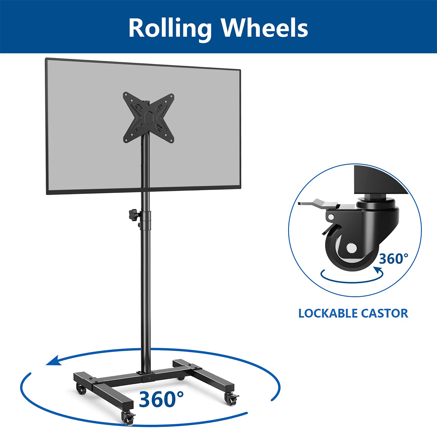 Rfiver Rolling Floor TV Stand with Mount for 13-43 Inch Flat Screen/Curved TVs, Portable Mobile TV Cart Display Stand with Wheels and Height Adjustable, Black