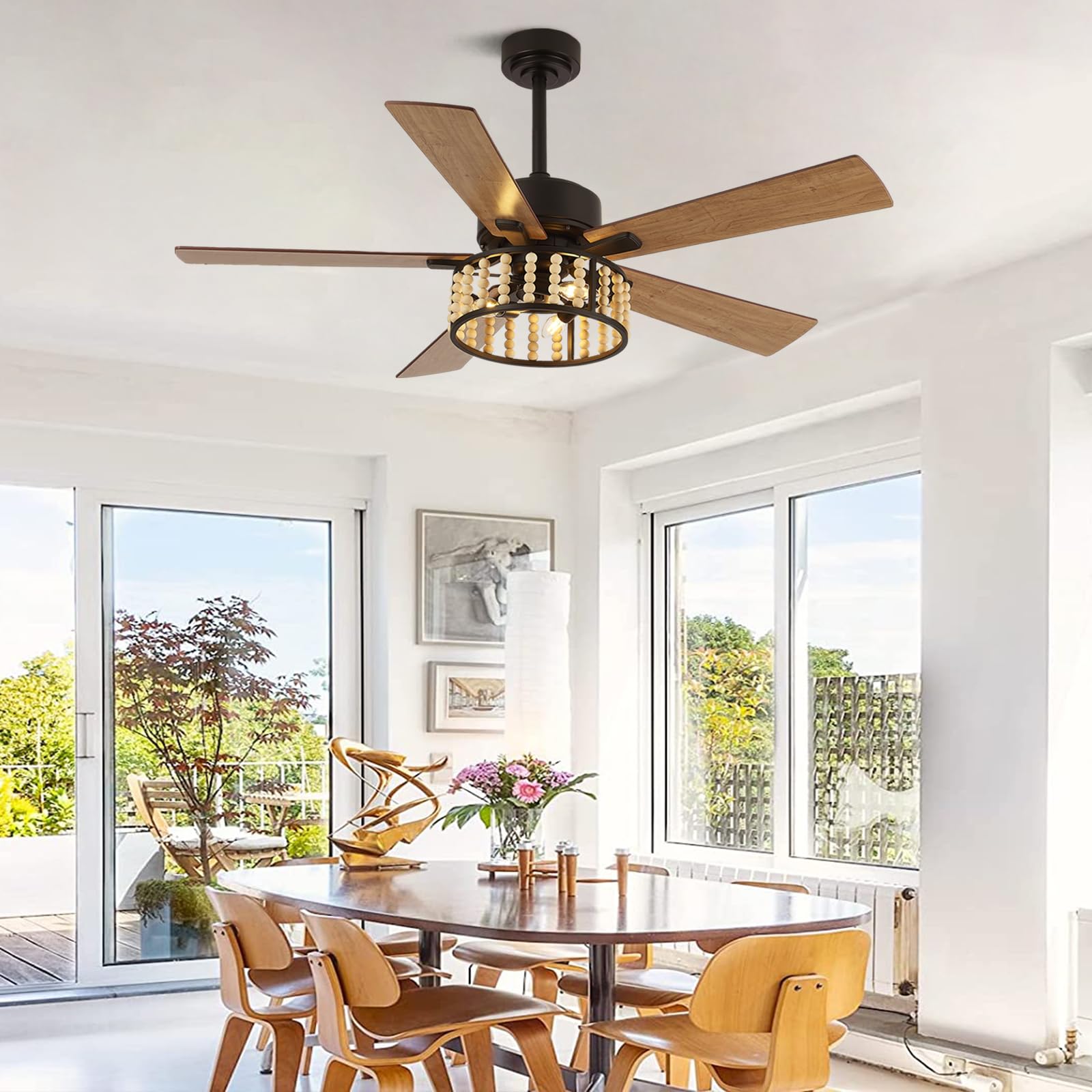 Rustic Ceiling Fan with Light and Remote Control, Industrial Farmhouse Ceiling Fans with 5 Brown Wooden Fan Blades and Retro Unique Wheel Shape,Pull Chains Control for Kitchen/Living Room