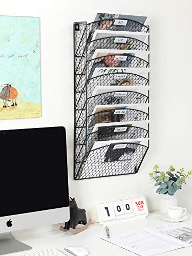 PAG Office Wall Organizer Metal Chicken Wire Hanging File Holder Paper Mail Literature Rack, 8 Pockets, Black