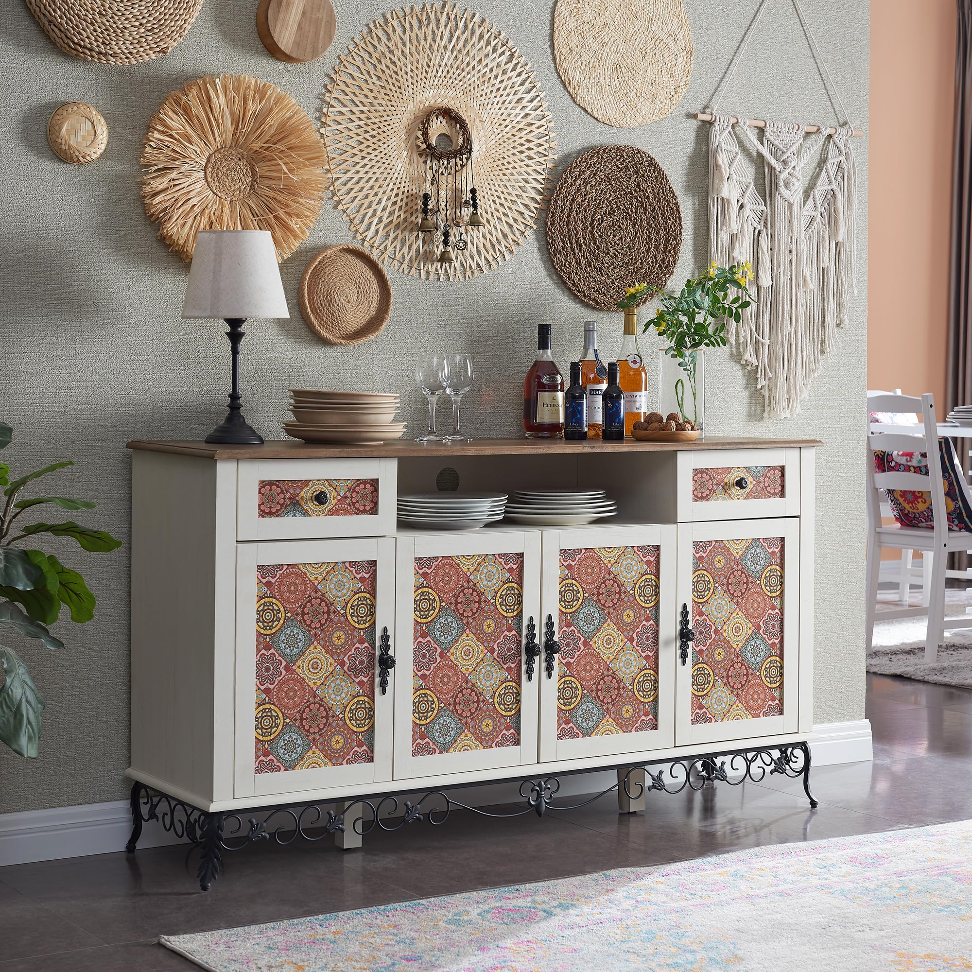 OKD Boho Sideboard Buffet Cabinet, 58" Kitchen Storage Cabinet with 2 Drawers, Dining Room, Hallway, Cupboard Console Table, Antique White
