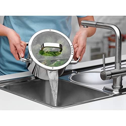 WMF cookware Ø 24 cm approx. 5,7l Function 4 Inside scaling lid - pour off or decant liquids without spilling to keep your dishes and cooker clean. Made in Germany hollow side handles glass lid