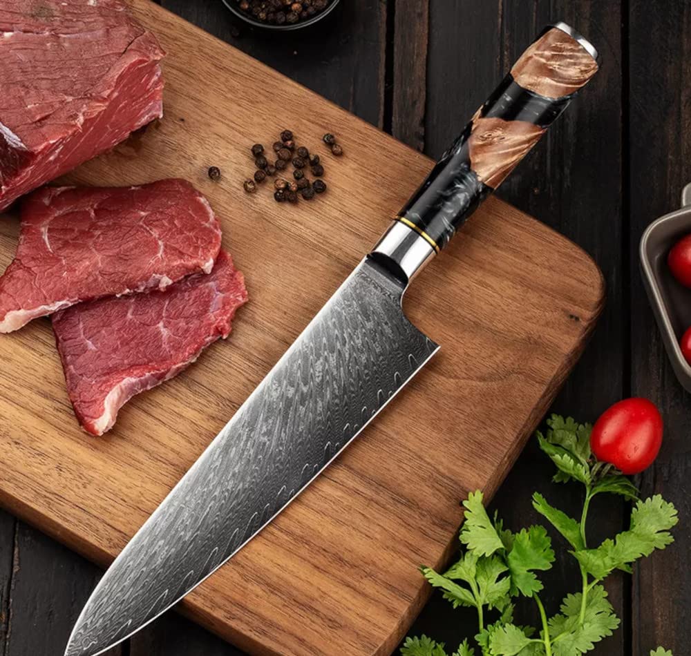 The Epicurean Cook Tidal Collection kitchen knife set with Burl Wood Resin Handles (Black Resin Handle). This 8-pc damascus chef knife set, are ideal kitchen knives set for the kitchen.