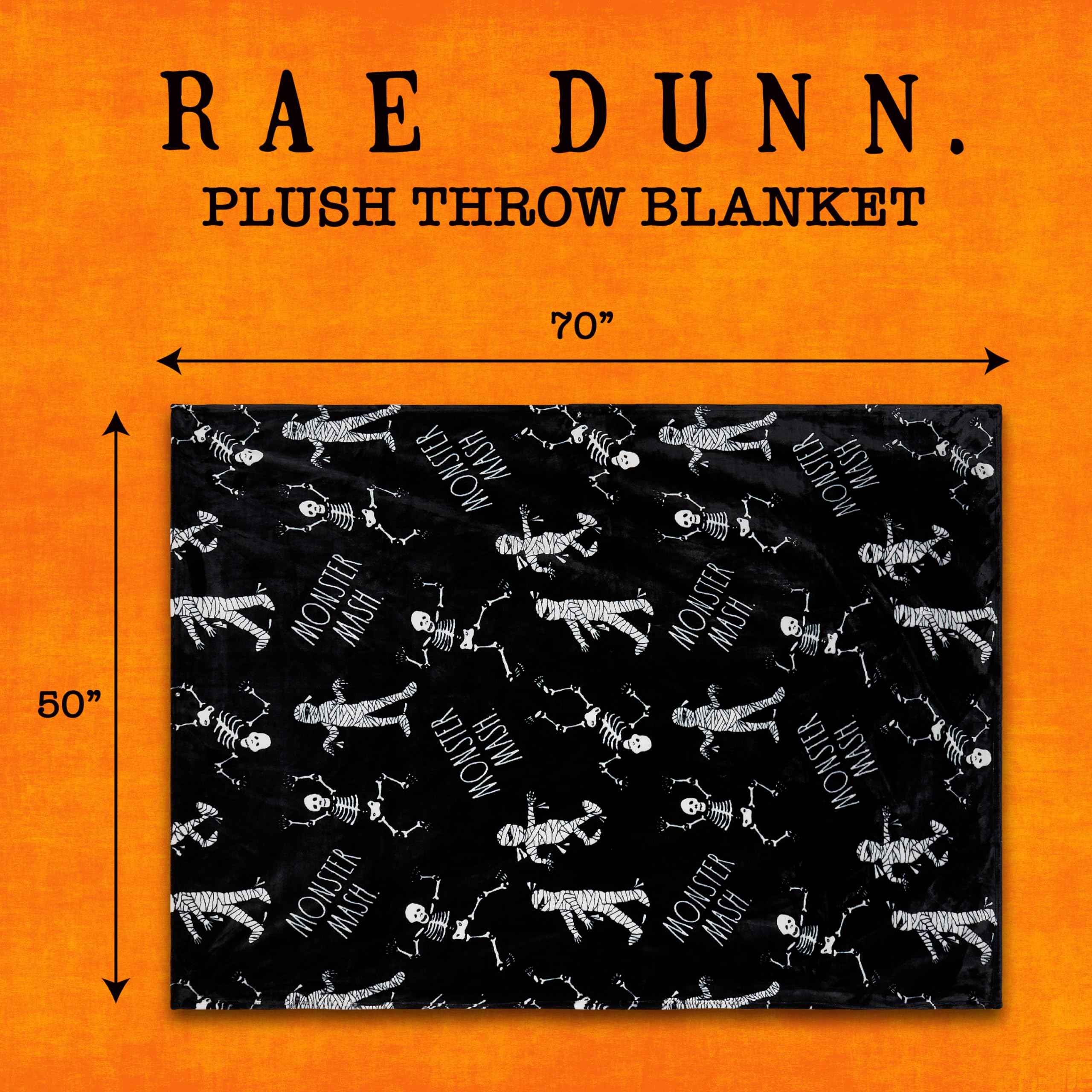 Rae Dunn Throw Blanket- Soft, Decorative Blankets for Bed or Couch, Cozy Throws for Sofa, Soft Plush Throw Embroidered Ghost Pumpkins, 50 inches x 70 inches