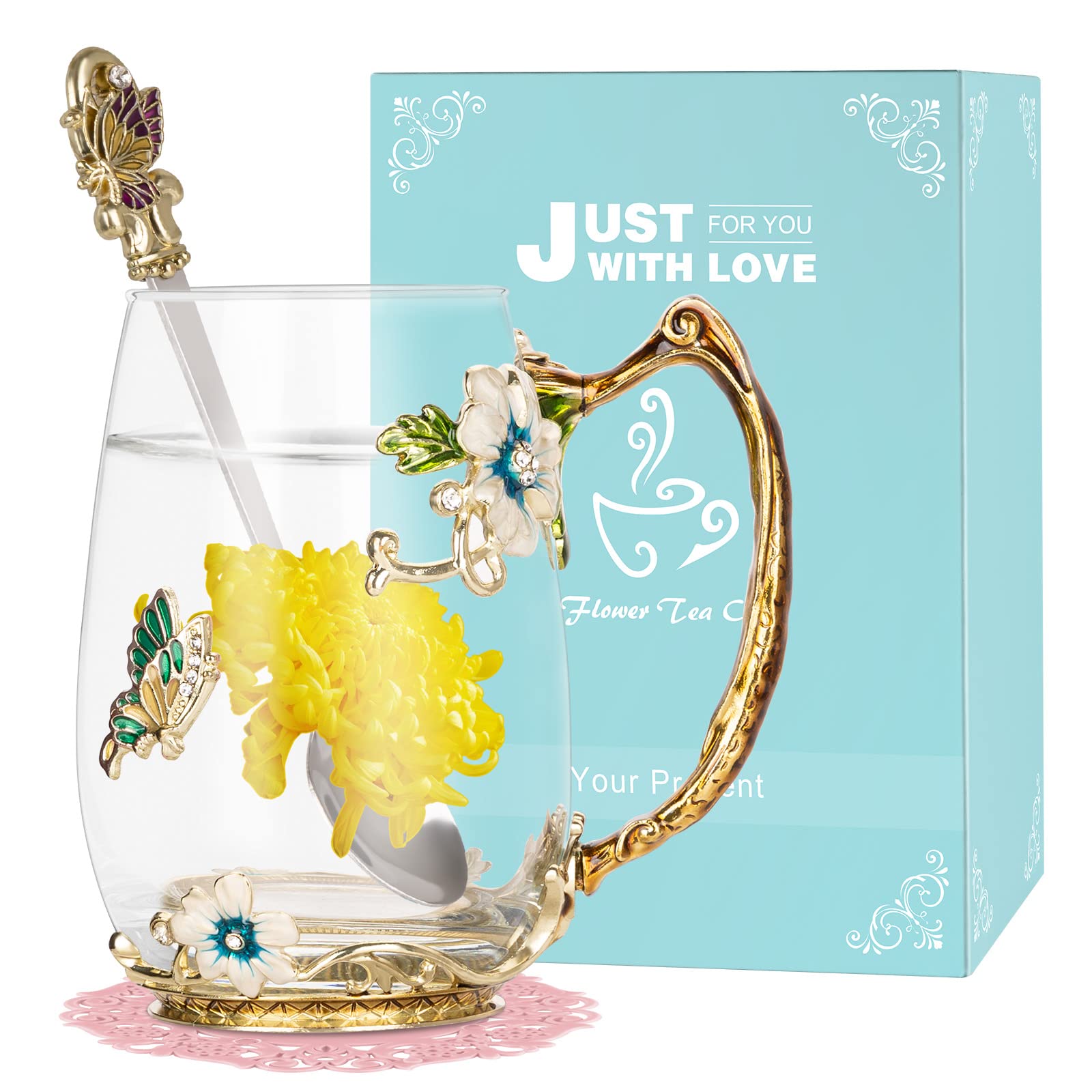 Wisolt Valentines Gifts for Women Anniversary Christmas Mothers Day Gifts Ideas Glass Tea Mugs for women Gifts for Mom Grandma Sister Coworker Teacher Friend Glass Coffee Mug with Spoon Set