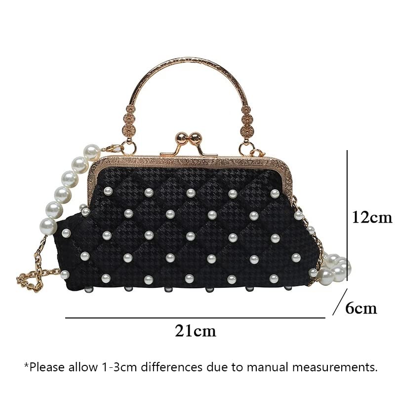 ZHUHW Evening Bag Women Pearl Chain Shoulder Handbag Wedding Metal Handle Design Clutch Bag Diamond Lattice Solid Purse (Color : Blue, Size : 1)