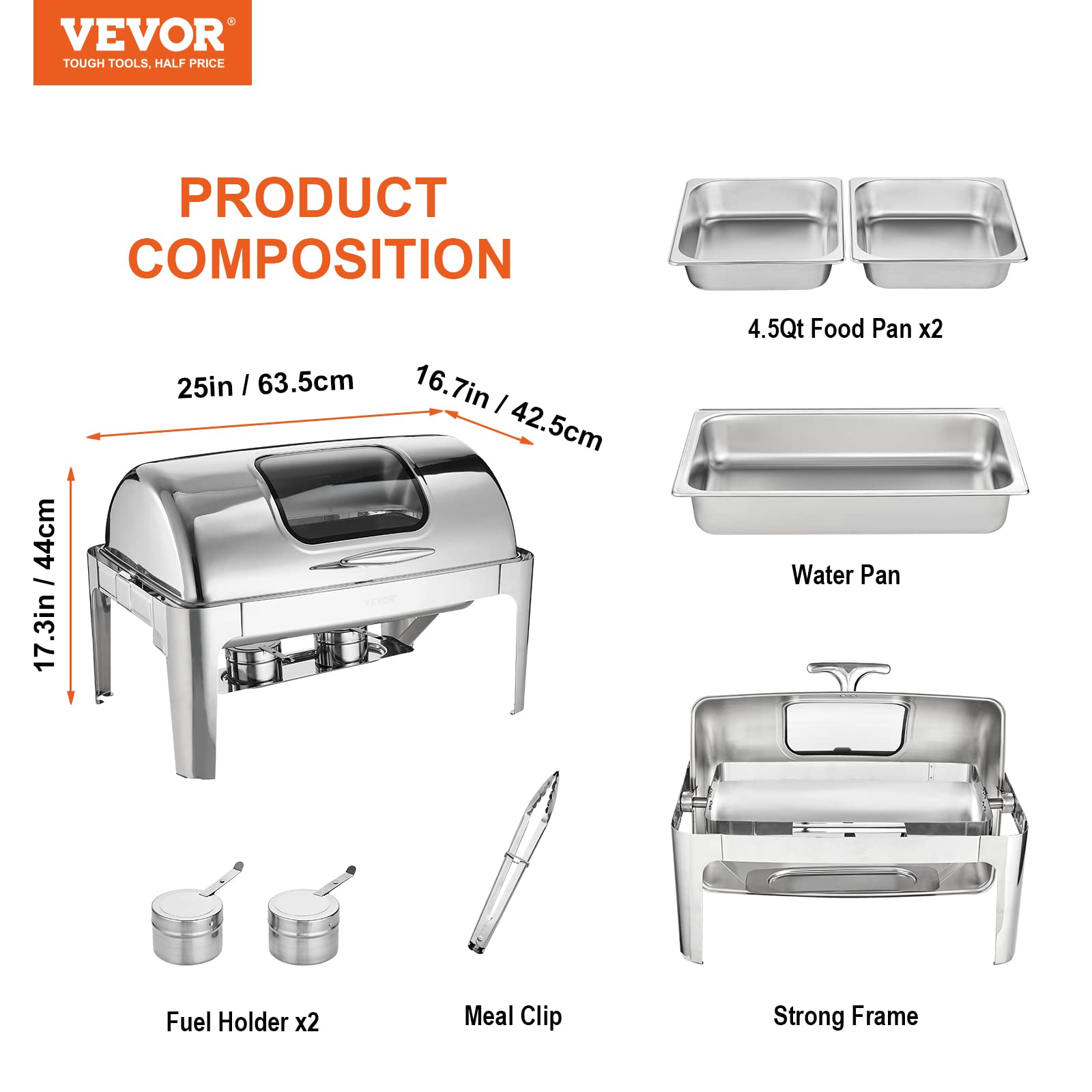 VEVOR Roll Top Chafing Dish Buffet Set, 9 Qt, Stainless Steel Chafer with 2 Half Size Pans, Rectangle Catering Warmer Server with Visible Lid Water Pan Stand Fuel Holder Clip, for at Least 9 People