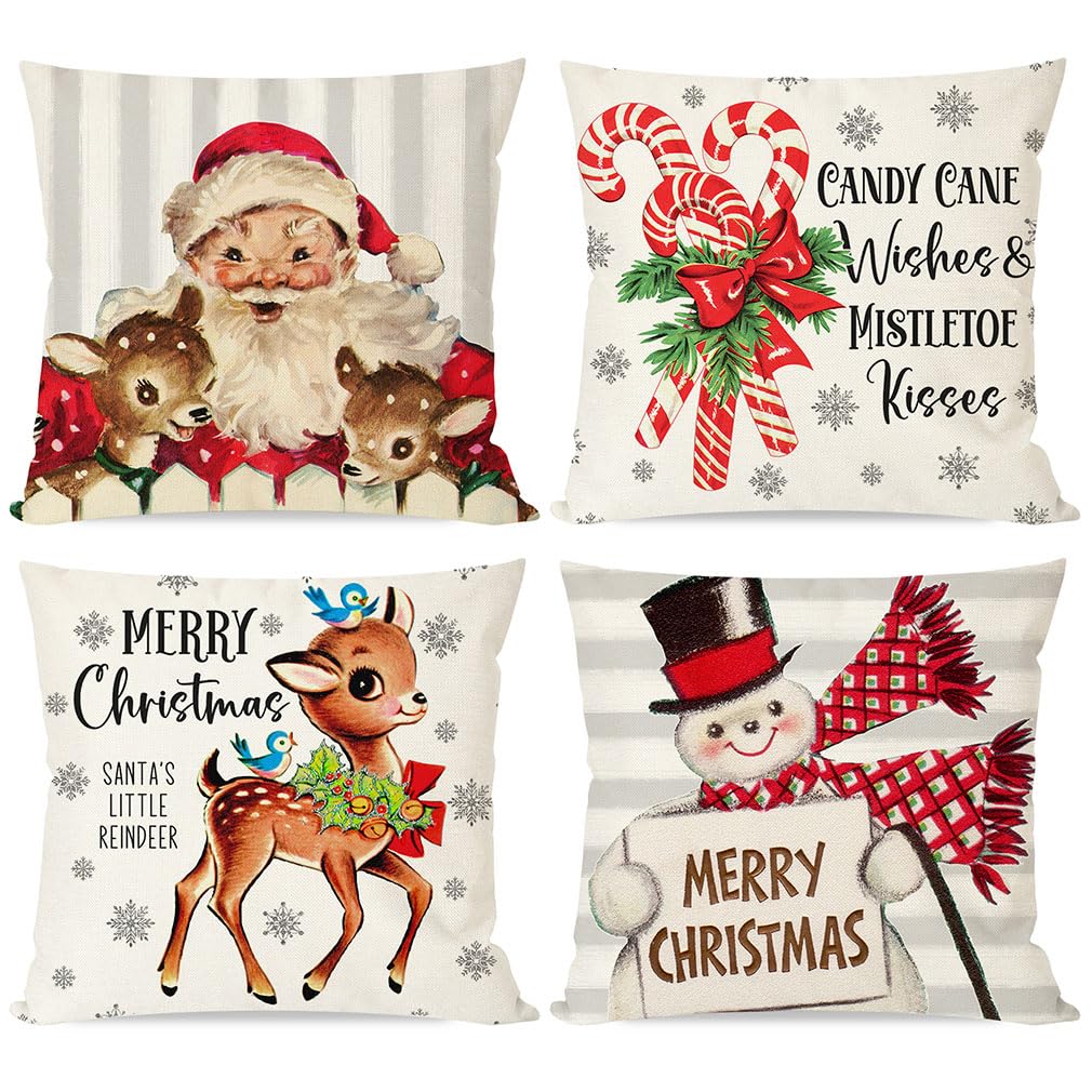 PANDICORN Vintage Christmas Pillow Covers 20x20 Set of 4 Christmas Pillows Decorative Throw Pillows Cases Santa Claus Reindeer Candy Cane Snowman Christmas Decorations Winter Holiday Decor for Couch
