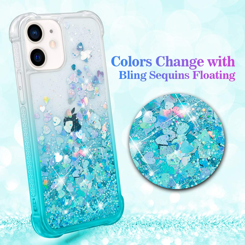 Ruky Compatible with iPhone 12 Case/iPhone 12 Pro Case 6.1 Inch (2020), Glitter Flowing Liquid Quicksand Series Bling Soft TPU Bumper Cushion Girls Women Phone Case, Gradient Teal