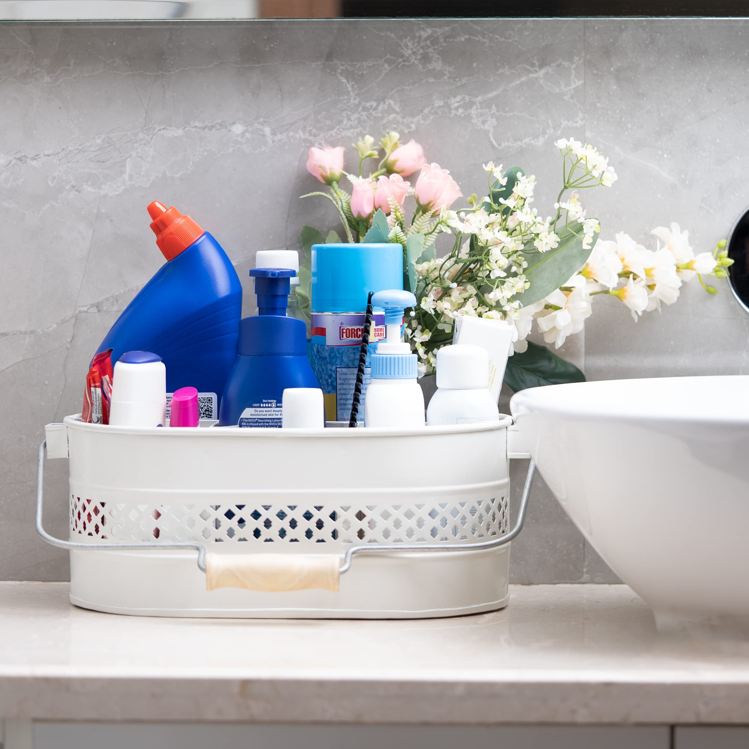 THE ARTIQUE Farmhouse Utensil Caddy, Galvanized Caddy, Picnic Utensil Holder, Desk Organizer, Condiments Caddy, Flatware Caddy For Party, Kitchen Utensils Organizer Caddy With Handle- WHITE
