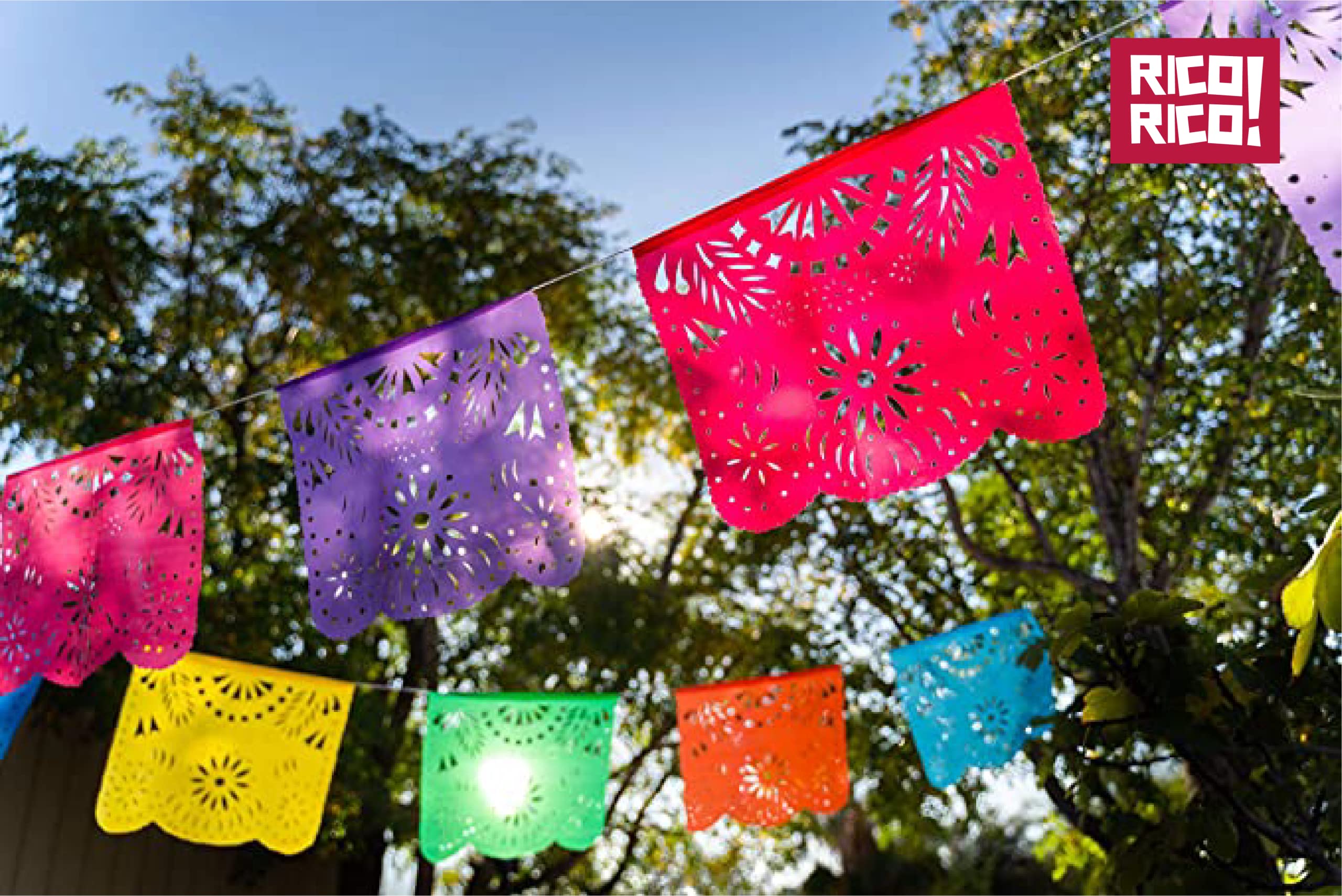 RICO RICO - Plastic Papel Picado 1 Pack, Ideal for a Mexican Fiesta, Cinco de Mayo, Mexican Themed Party and Fiesta Party Decorations,16 Feet Long - 10 Unique Designs.