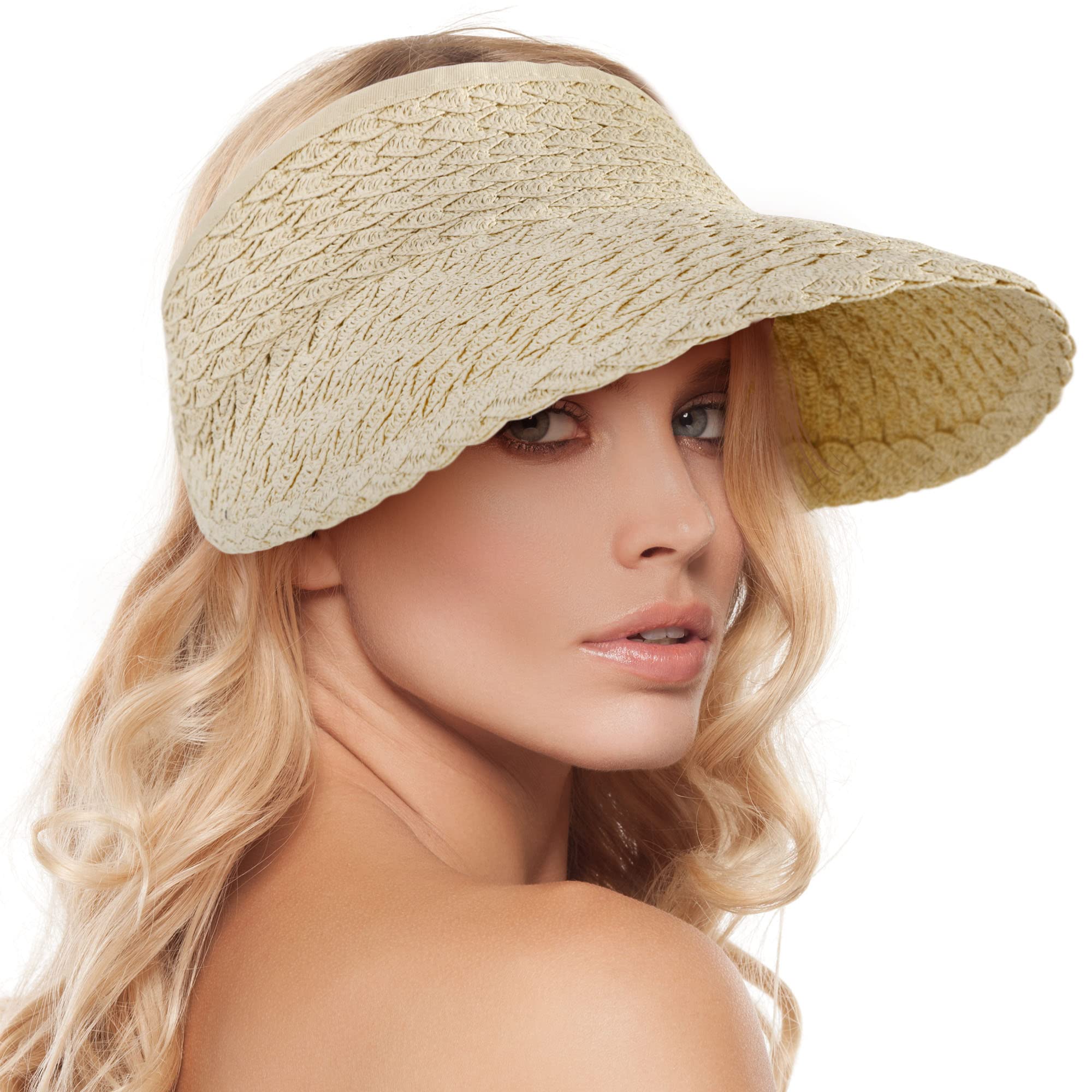 Sun Visors for Women Hats Visors for Women Golf Visor Beach Hats for Women Foldable Sun Visor Hat Straw Visor Hat Sunmmer Hats, Beige/Brown
