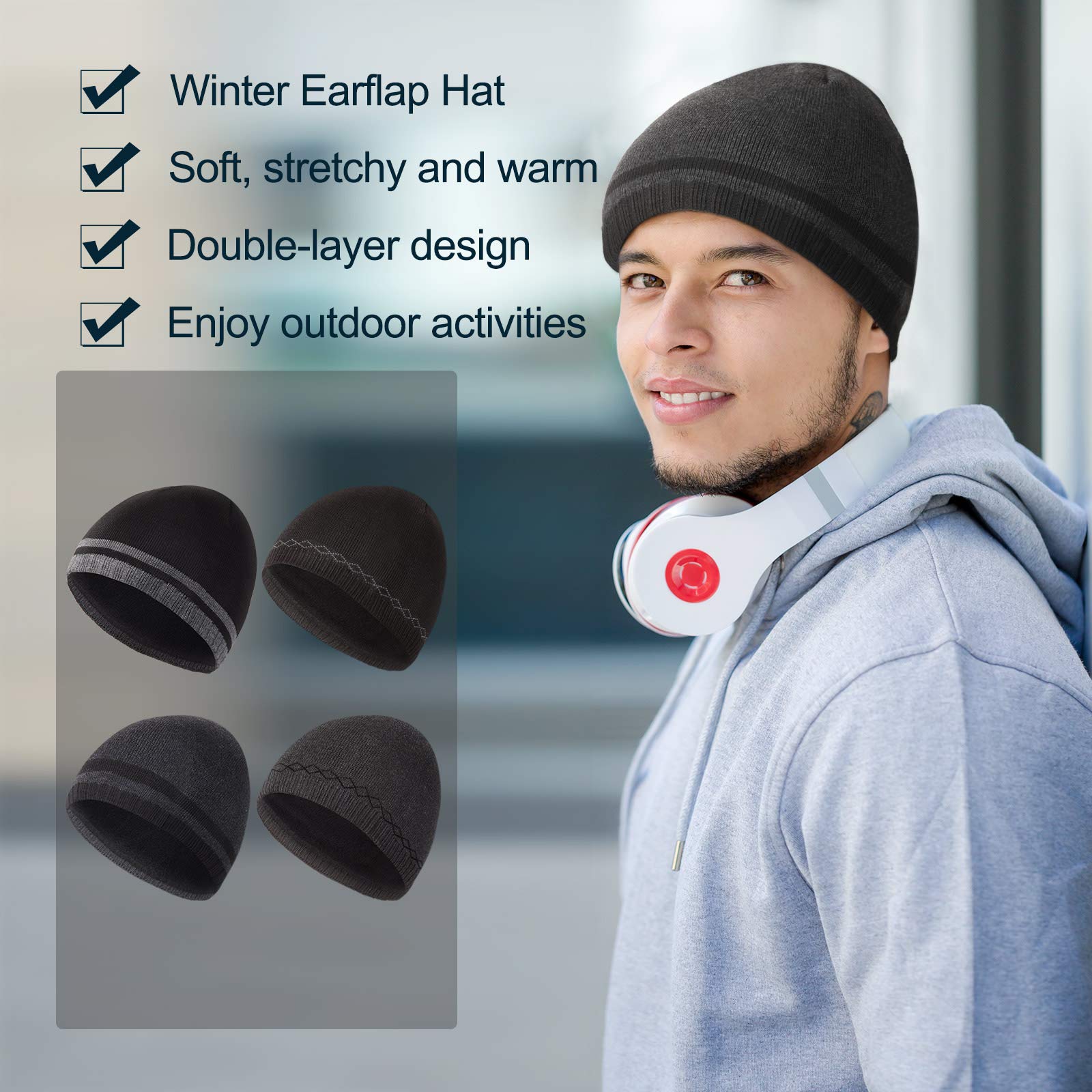 SATINIOR Warm Beanie Hat Winter Knitted Cuffed Men Hat Ski Skull Cap Fleece Lined Beanie (4, Black, Dark Gray)