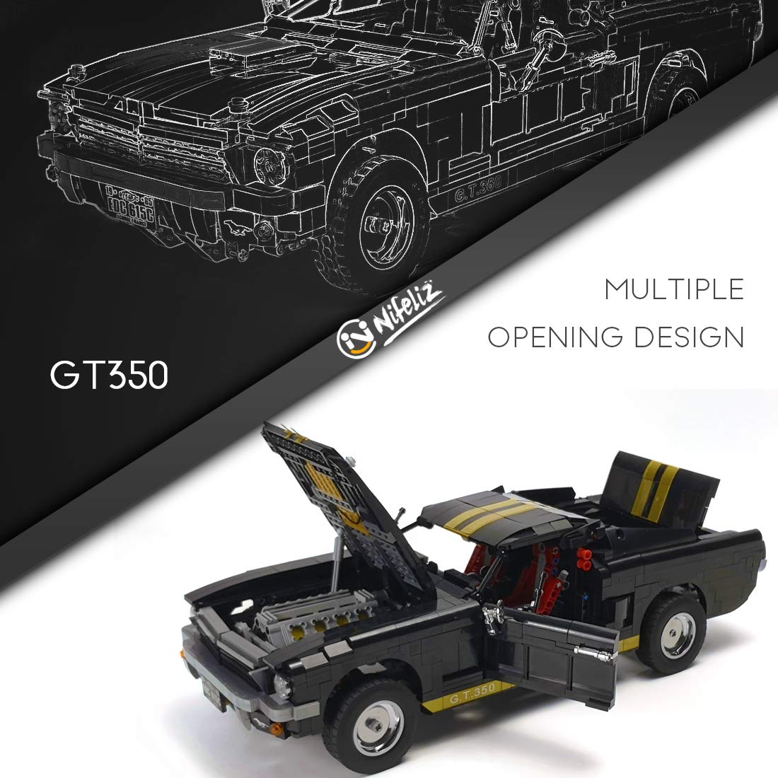 Nifeliz Muscle Car 1965s GT350 Race Car Building Set (1,817 Pieces)