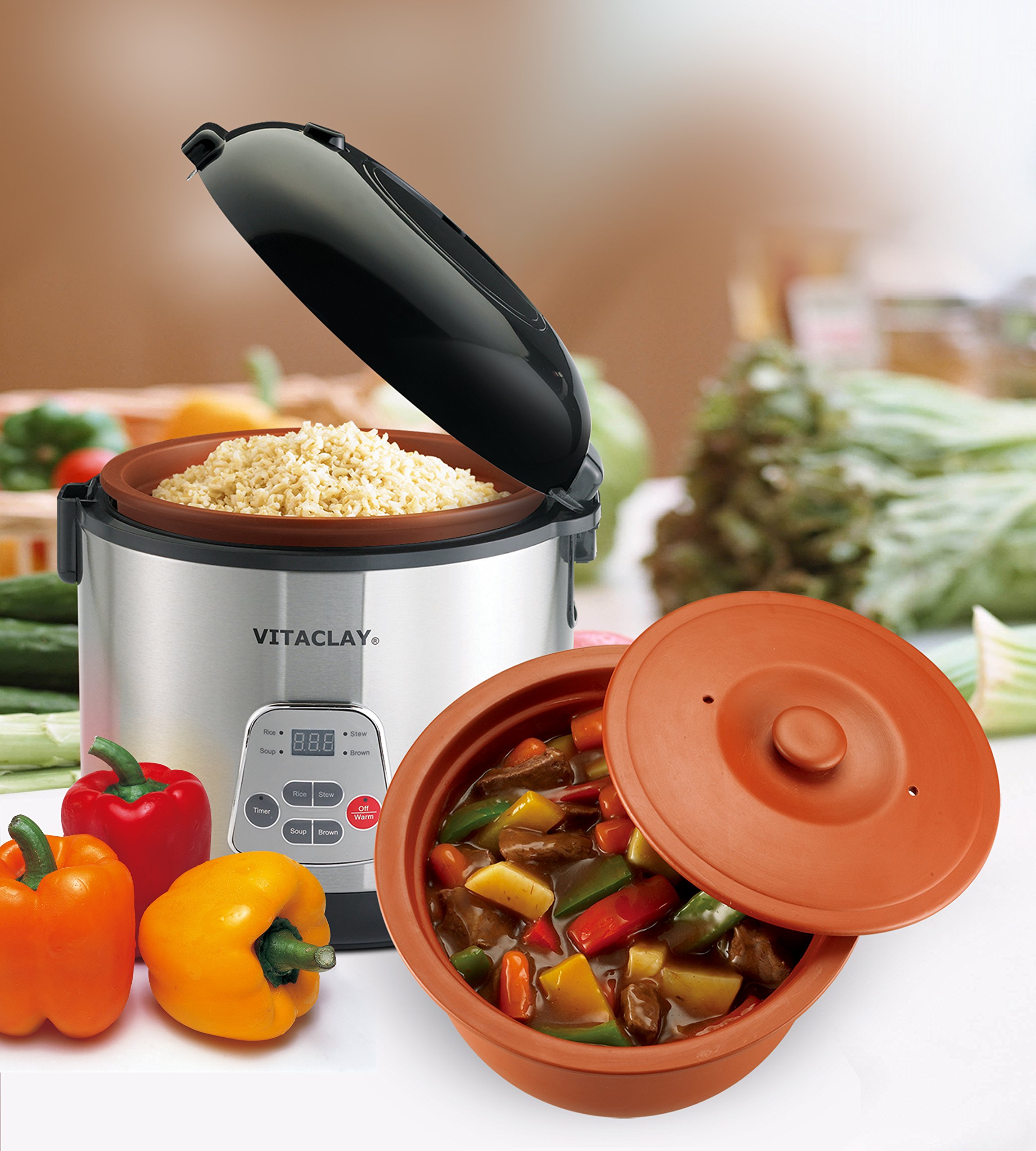 Vitaclay Smart Organic Clay Rice Cooker & Slow Cooker - Toxin Free Clay Electric Pot for Cooking Rice, Slow Cooker, Soup Maker, Warmer, Stew Pot with Natural Earthen Clay Crock, 6 cup / 3.2 qt