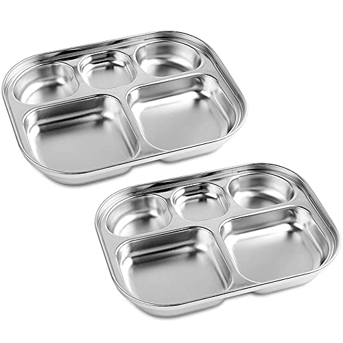 Stainless Steel Divided Plates Tray, 5 Section, Kids Toddlers Babies Small Size, Compact Serving Platter, Dinner Snack, Camping Dishes (2 Pack)