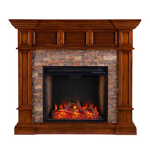 SEI Furniture Merrimack Faux Stone Convertible Alexa-Enabled Electric Corner Fireplace, Buckeye Oak