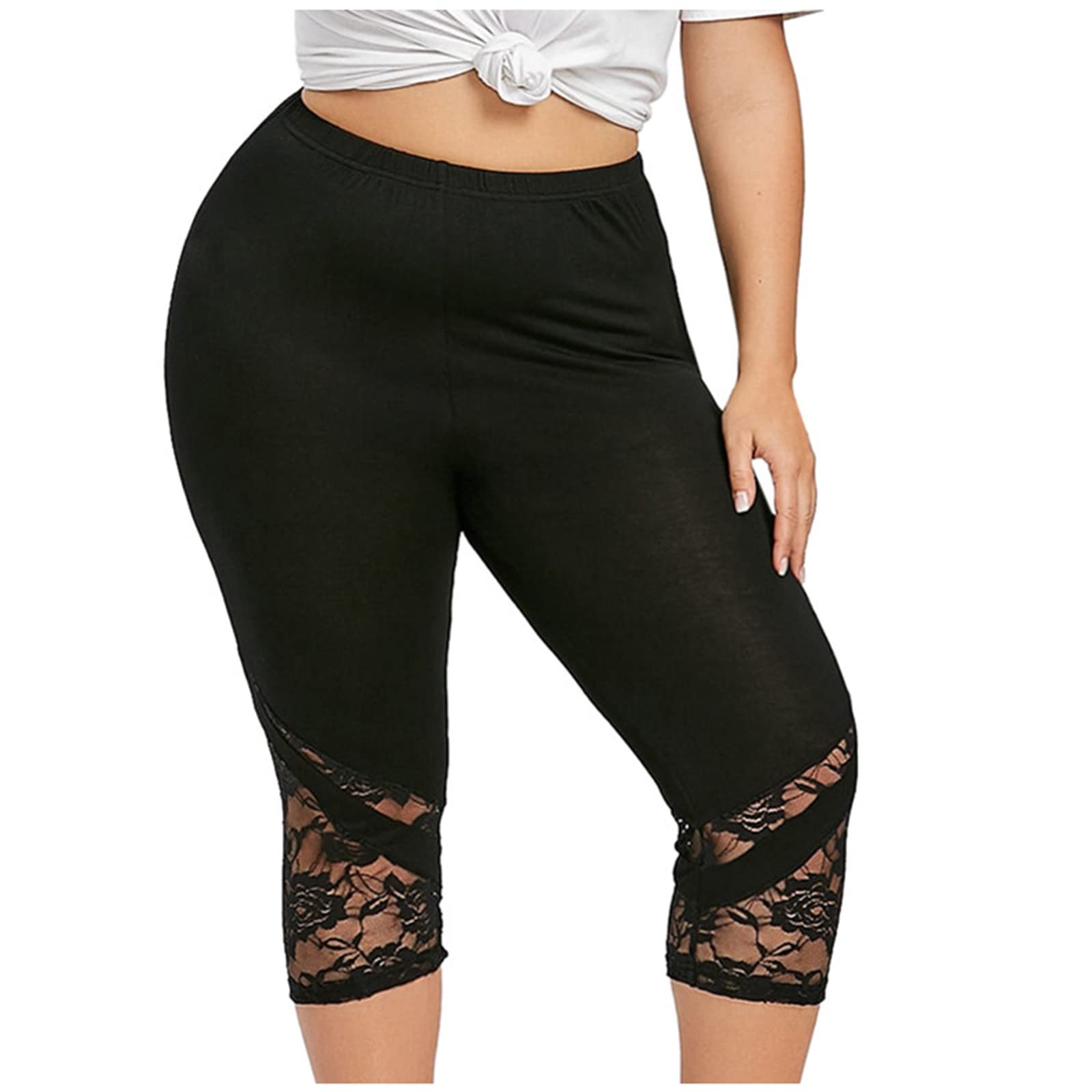 Women's Bermuda Shorts Plus Size Workout Capri Leggings Stretchy Yoga Tights Solid with Lace Trim Knee Length Pants Black
