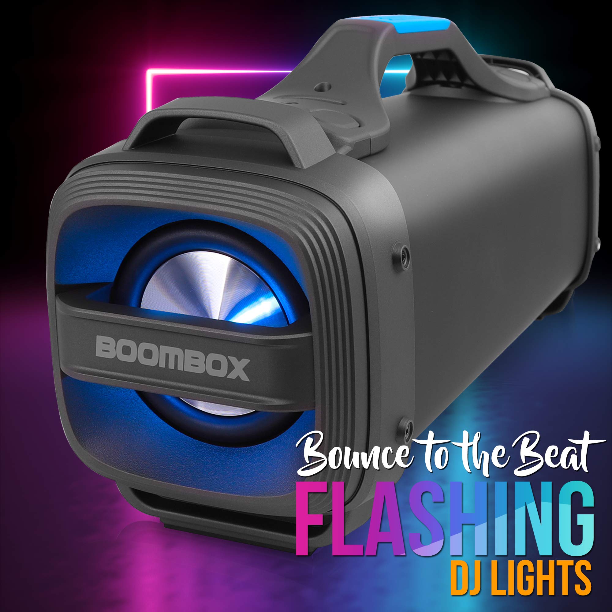 Pyle Wireless Portable Bluetooth Boombox Speaker - 800W Rechargeable Boom Box Speaker Portable Barrel Loud Stereo System with AUX Input, USB, 1/4", Fm Radio, 4" Subwoofer, DJ Lights - PBMSPG148, Black