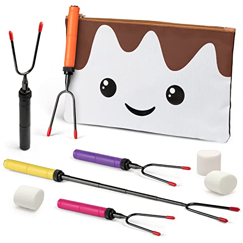 The S’mores Company - Marshmallow Roasting Sticks, Telescoping Smores Skewers for Fire Pit with Storage Bag, Hot Dog Roasting Sticks, 34 Inch Long Fork - 5 Pack, Fire Pit Skewers