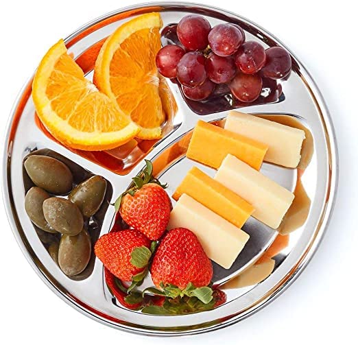 WhopperIndia Stainless Steel Round Dining Plate 4 Compartment Thali, stainless steel compartment plates , ss mess tray , Plates for Dinner Fruitss, Kitchen Dining Table Plate 4 Pcs 11.5 Inch