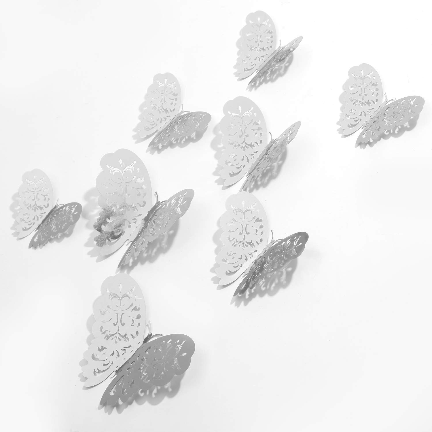 Senkary 72 Pieces (3 Sizes 3 Styles) Silver 3D Butterfly Wall Stickers Wall Decorations Removable Metallic Paper Decals for Home Kids Bedroom Nursery Decor