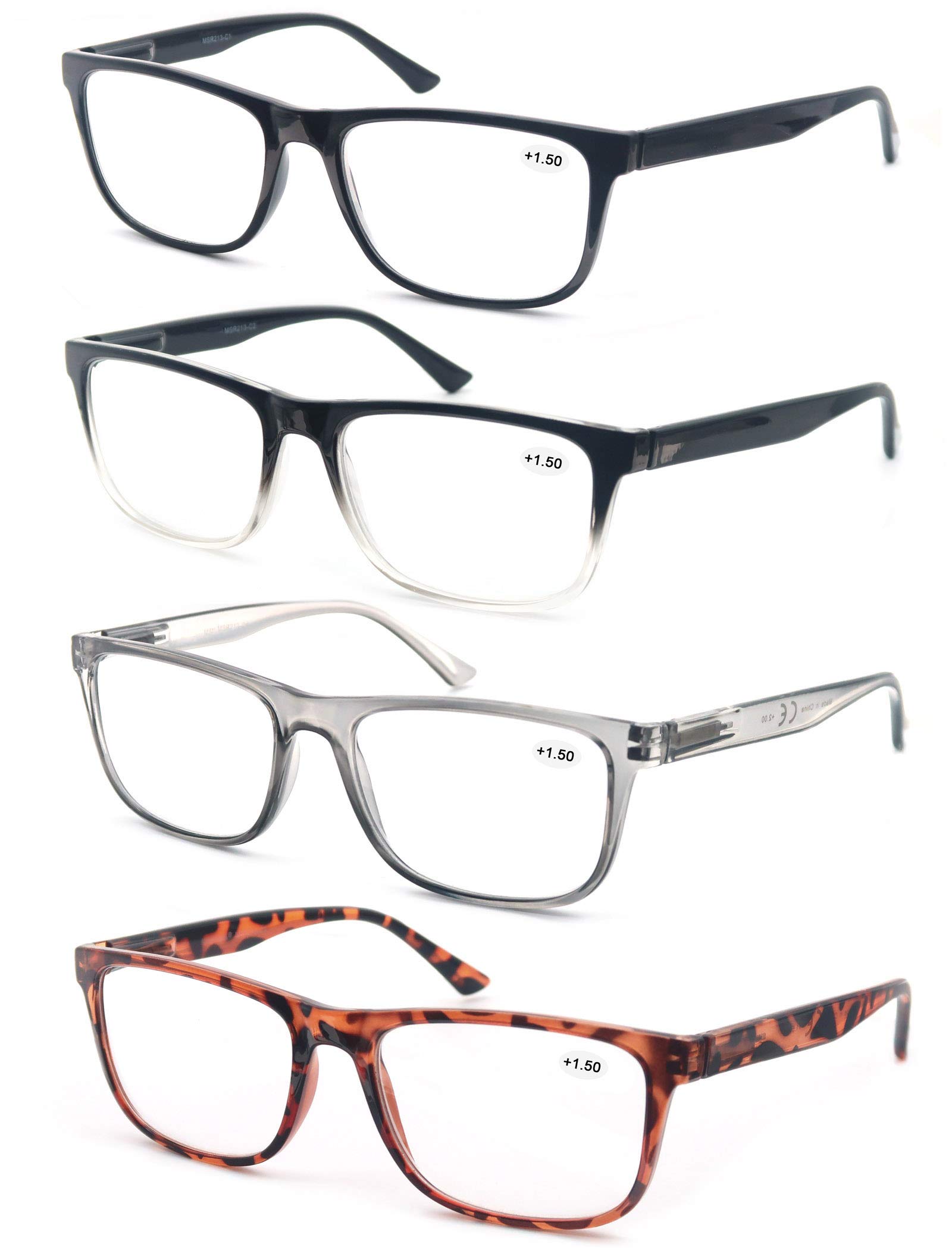 OLOMEE Reading Glasses 1.75 Oversized Large Square Men Readers 4 Pack,Comfort Lightweight Eyeglasses Flexible Spring Hinge