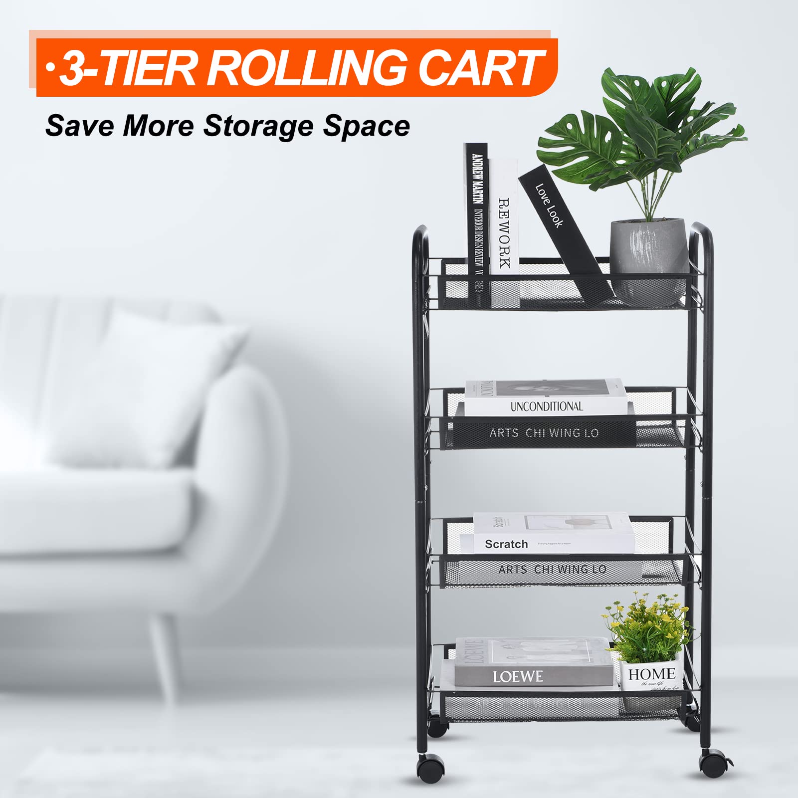 PATIKIL 4 Tier Rolling Cart, Metal Mesh Trolley Utility Storage Organizer Cart with Hooks Wheels for Bathroom Office, Black