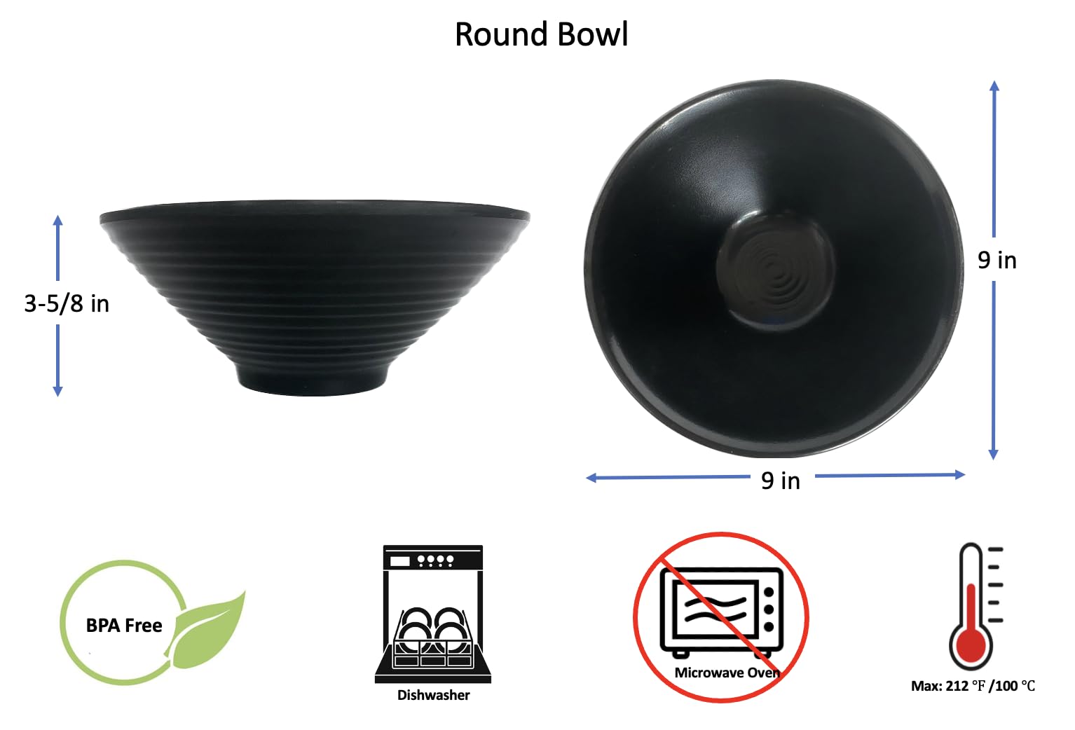 Z-Moments Melamine Round Bowls Japanese Ramen Vietnam Pho Noodles Soup Rice Bowls Set, Black, 5.5", 7", 8", 9", Black #LJB (24, 9" (44 oz))