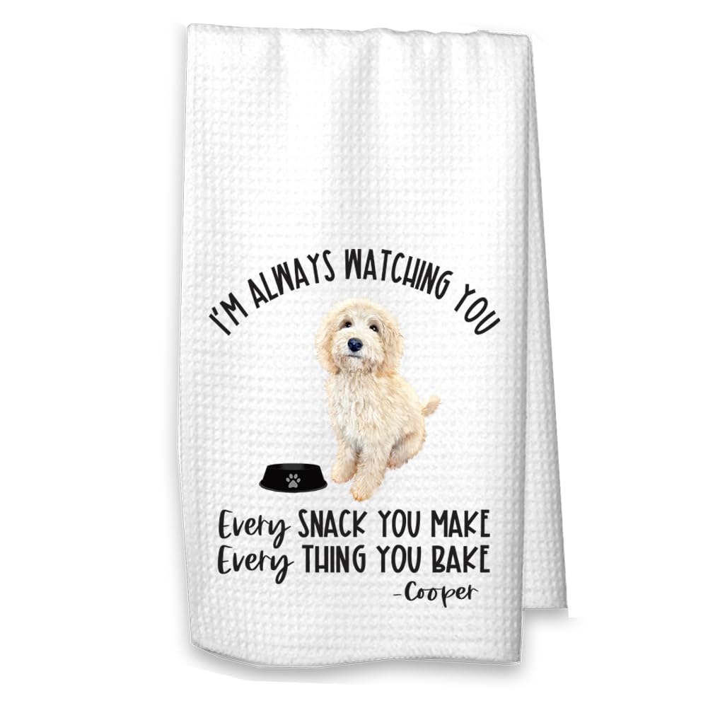 The Creating Studio Personalized White Goldendoodle Kitchen Towel, Doodle Mom Gift, Always Watching You, Housewarming Gift, Hostess Gift (White Towel, White Doodle with Name)