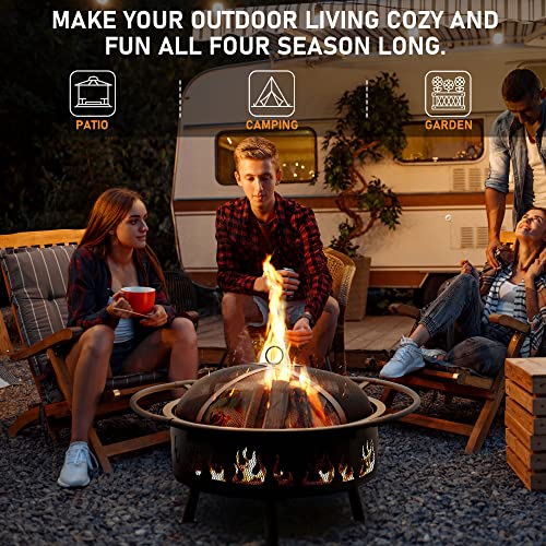 Wood Fire Pits,Bonfire Pit,Fire Pits for Outside,30 Inch Round Cast Iron Fire Pit for Patio,Backyard with Spark Screen,Fire Poker and Metal Grate (Flame)