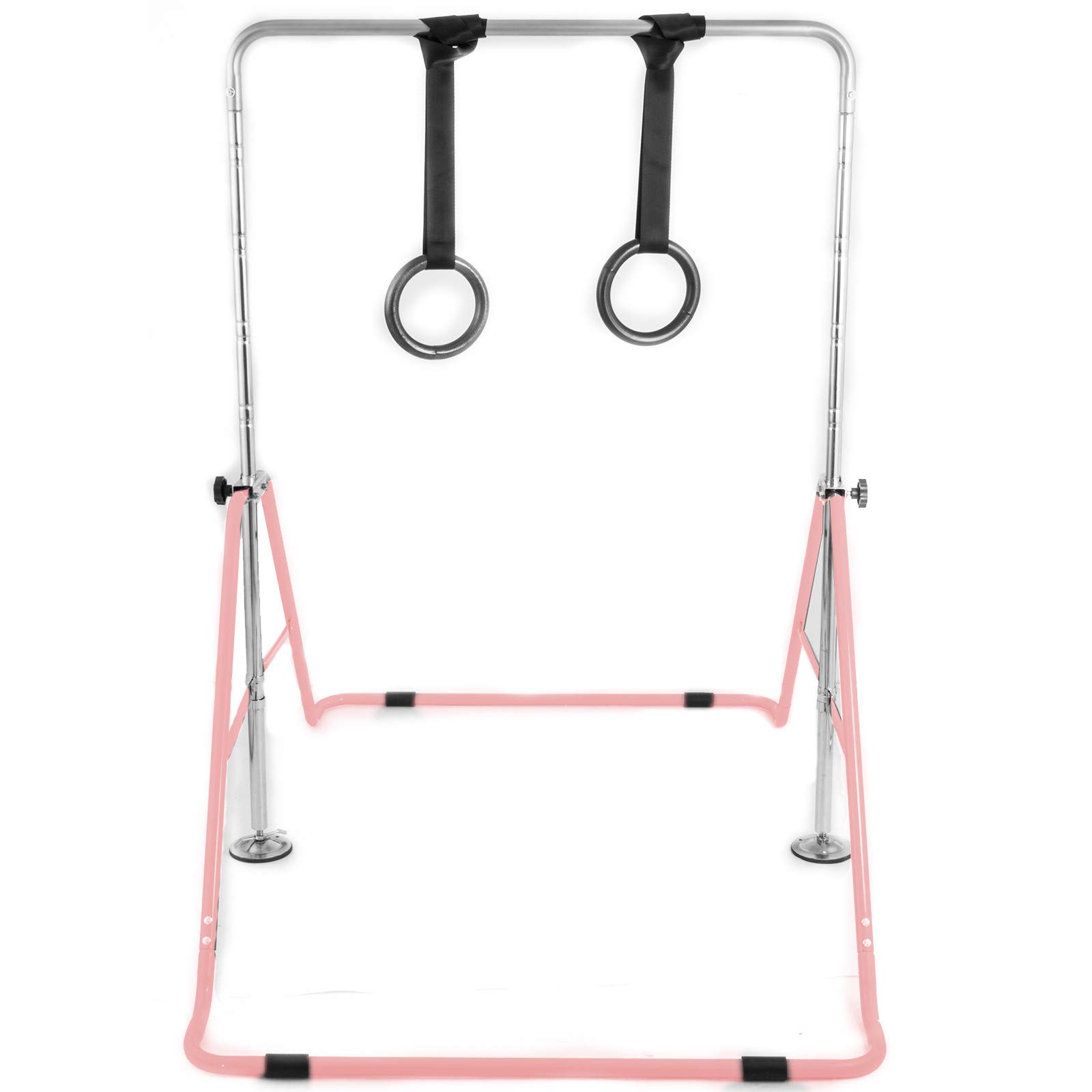 Popsport Gymnastics Bar Yellow Adjust Horizontal Bar Foldable Storage Kip Bar Multifunction Expandable Junior Training Bar for Kids Home Training (Foldable Pink with Loop),Small