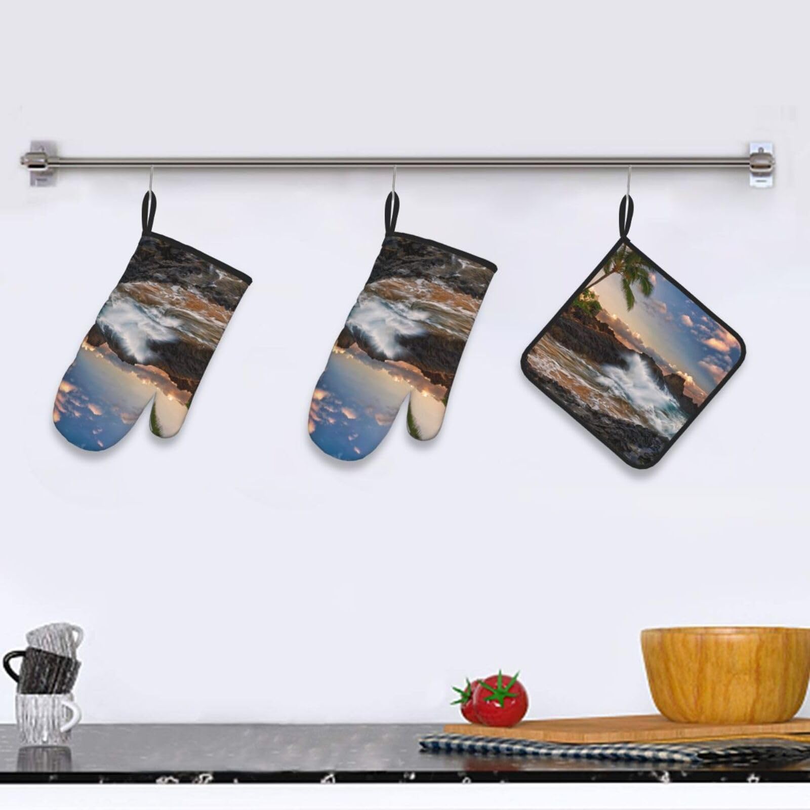 Palm Trees Clouds Tropical Coast Printed Oven Mitt and Pot Holders Set of 3 Non-Slip Cooking Gloves Heat Resistant Hot Pads for Kitchen BBQ Baking