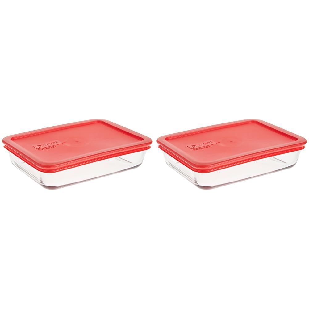 Pyrex 3-Cup Single Rectangular Food Storage Container with Lid, Non-Toxic, BPA-Free Lid, Tempered Non-Pourous Glass, Microwave, Dishwasher, Freezer and Oven Safe, Red (Pack of 2)