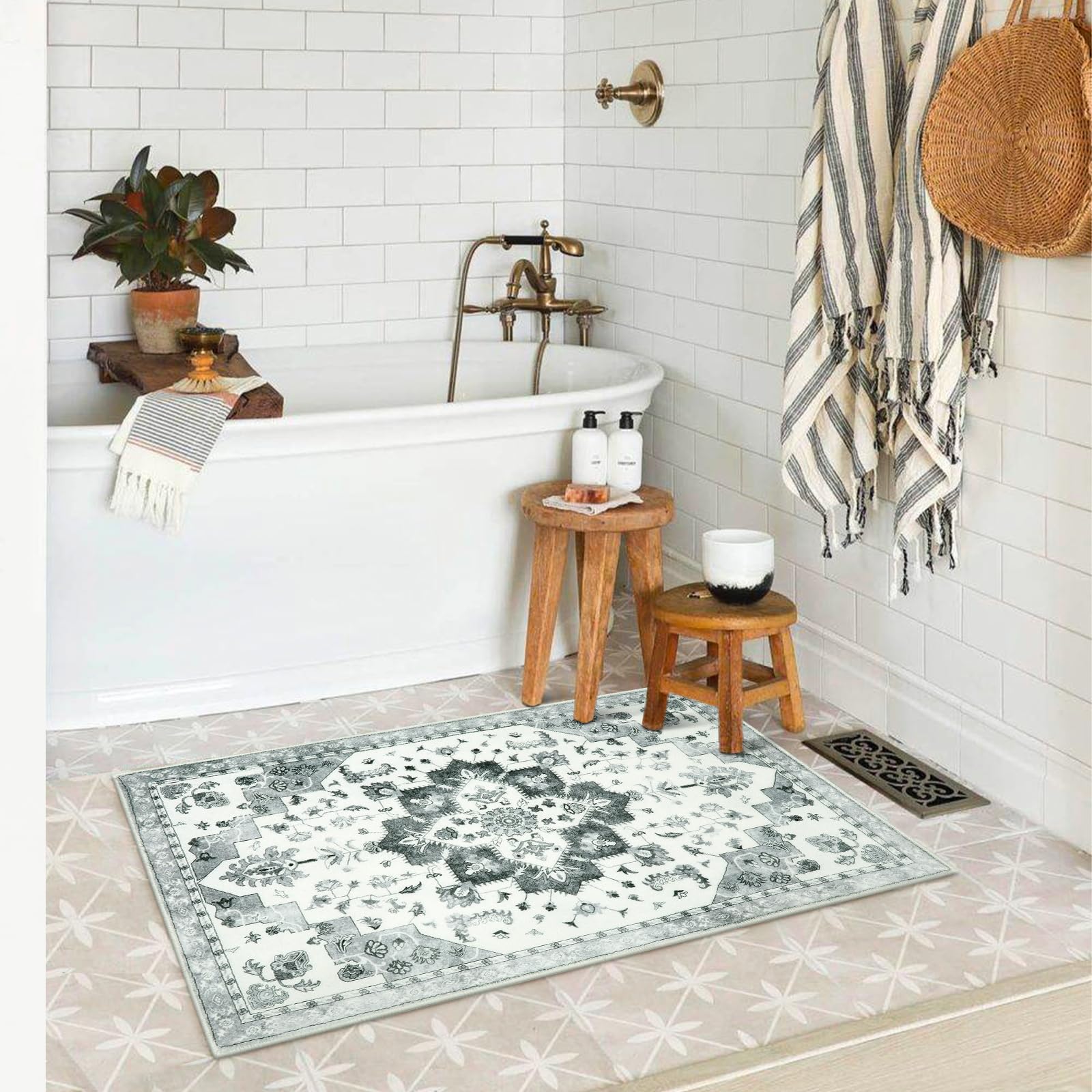 Seavish Boho Bathroom Rugs Non Slip 24"x36" Grey Throw Rugs with Rubber Backing Washable Bath Rugs for Bathroom Traditional Soft and Absorbent Bath Mat Low-Pile Floor Carpet for Laundry Bedside