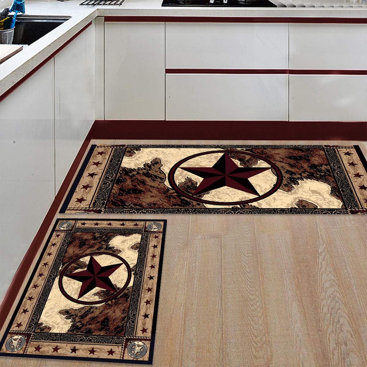 Western Kitchen Runner Rug Sets 2 Piece, Rustic Texas Star Absorbent Bathroom Rugs, Farmhouse Floor Mats Retro Brown Beige Non-Slip Door Mat for Bedroom/Hallway/Laundry, 15.7"Wx23.6"L+15.7"Wx47.2"L